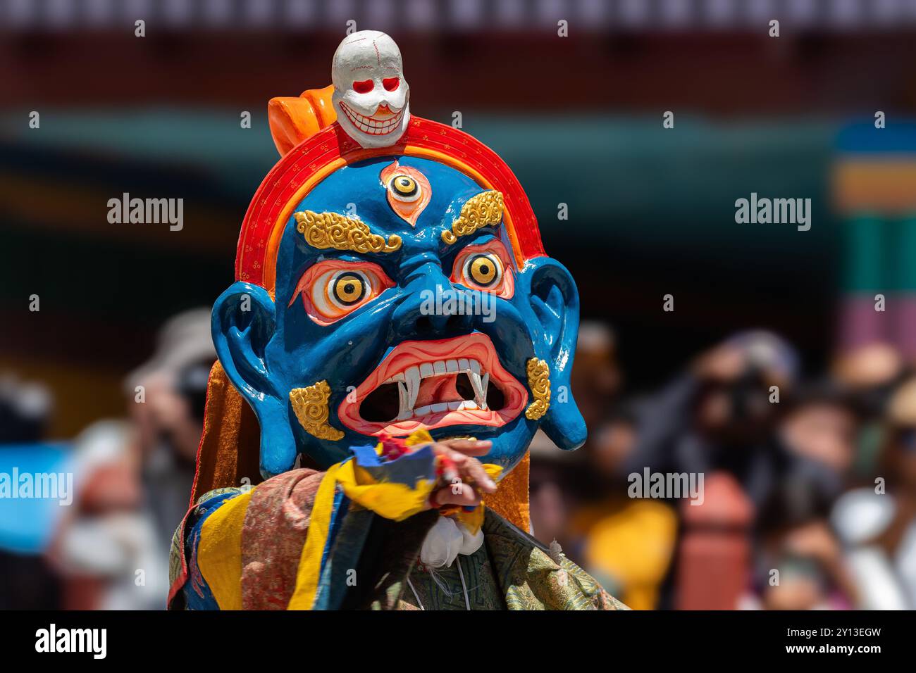 Close up of a colorful mask worn by Buddhist monks during Hemis ...