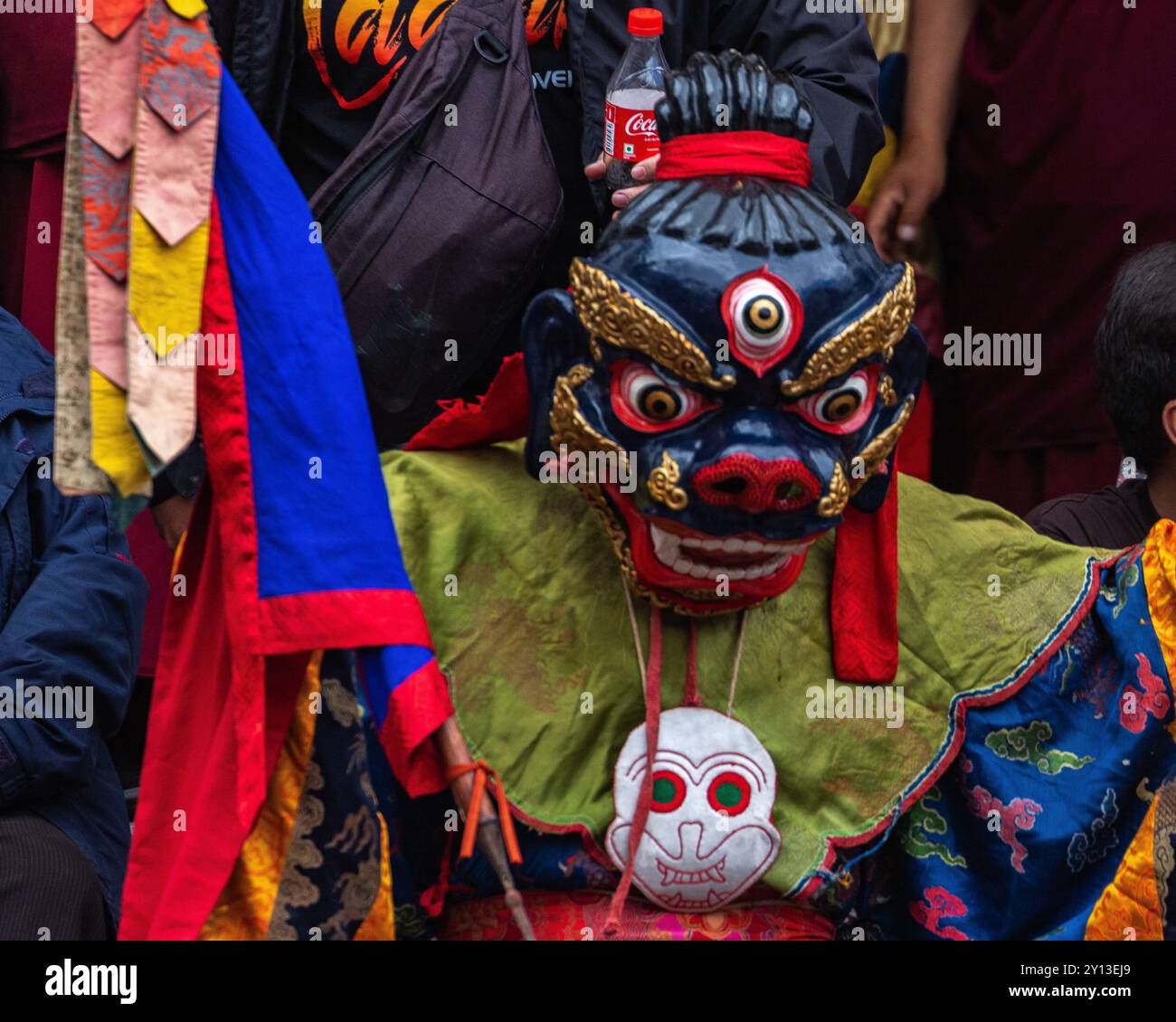 Close up of a colorful mask worn by Buddhist monks during Hemis ...