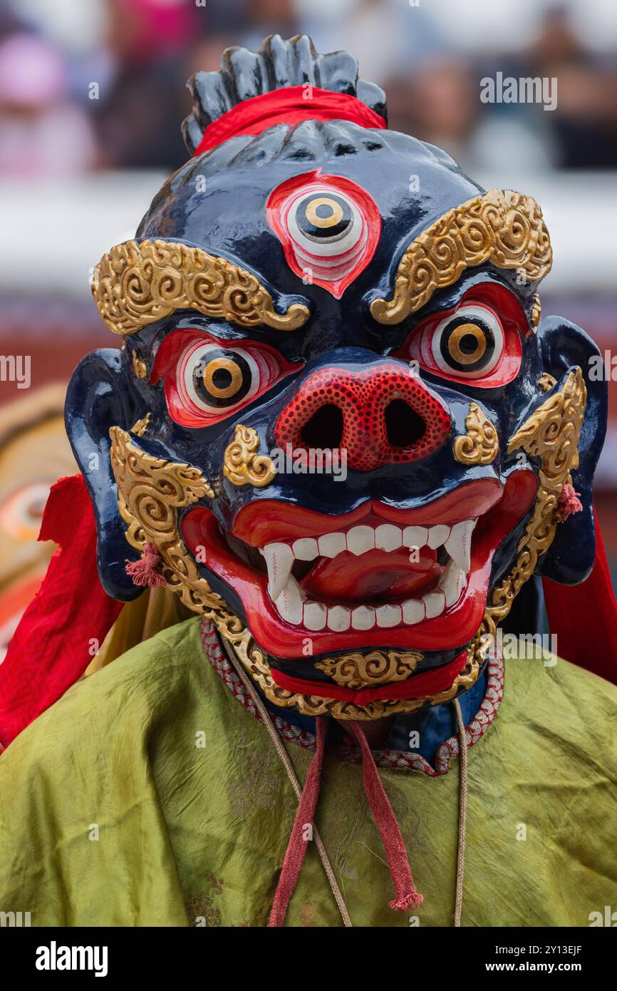 Close up of a colorful mask worn by Buddhist monks during Hemis ...