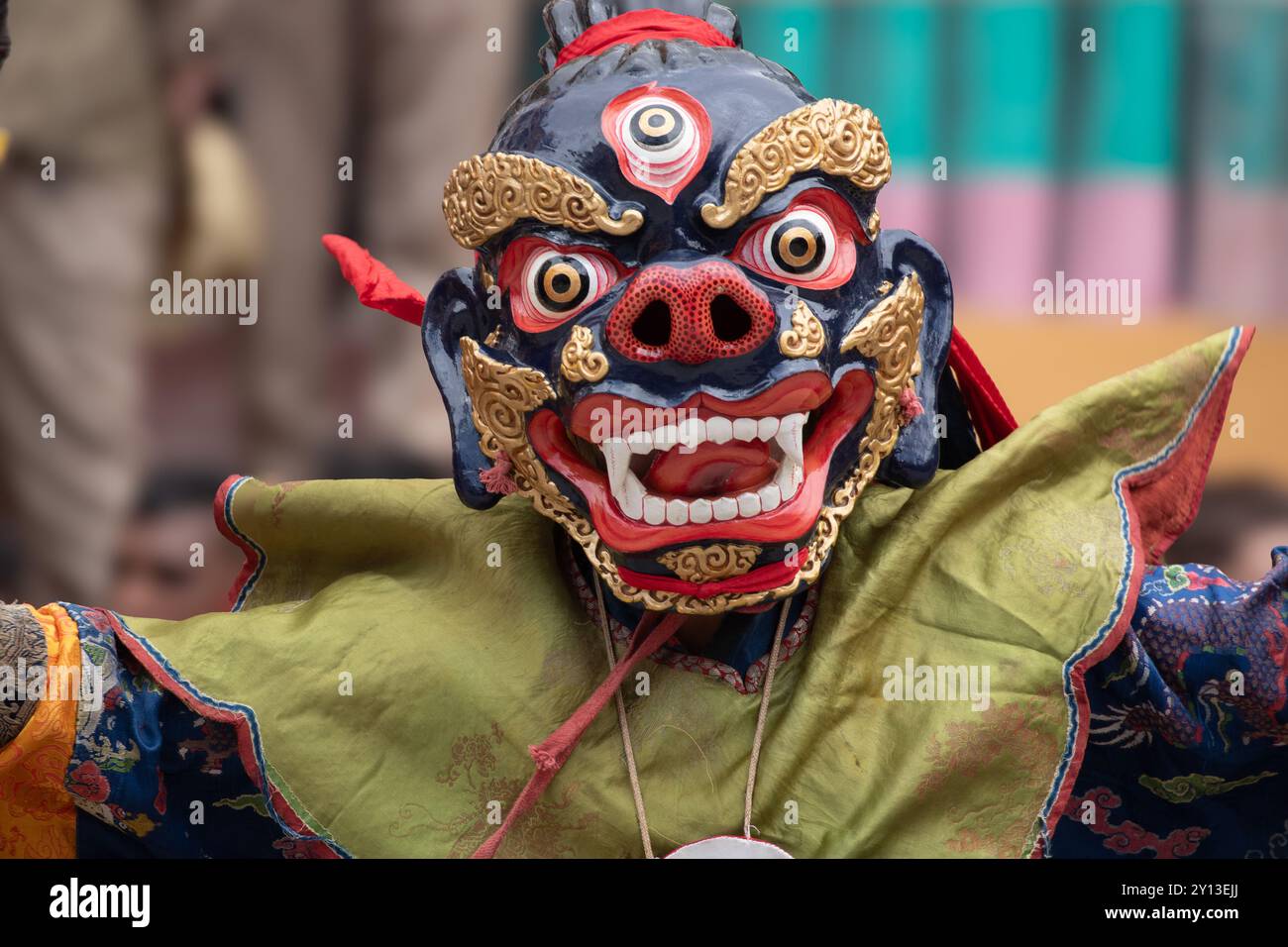 Close up of a colorful mask worn by Buddhist monks during Hemis ...