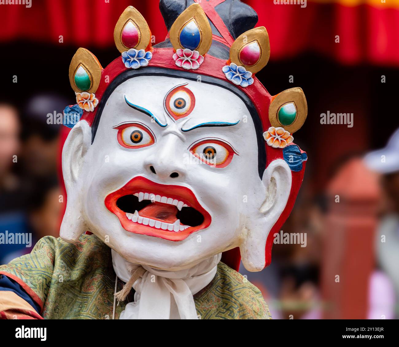 Close up of a colorful mask worn by Buddhist monks during Hemis ...