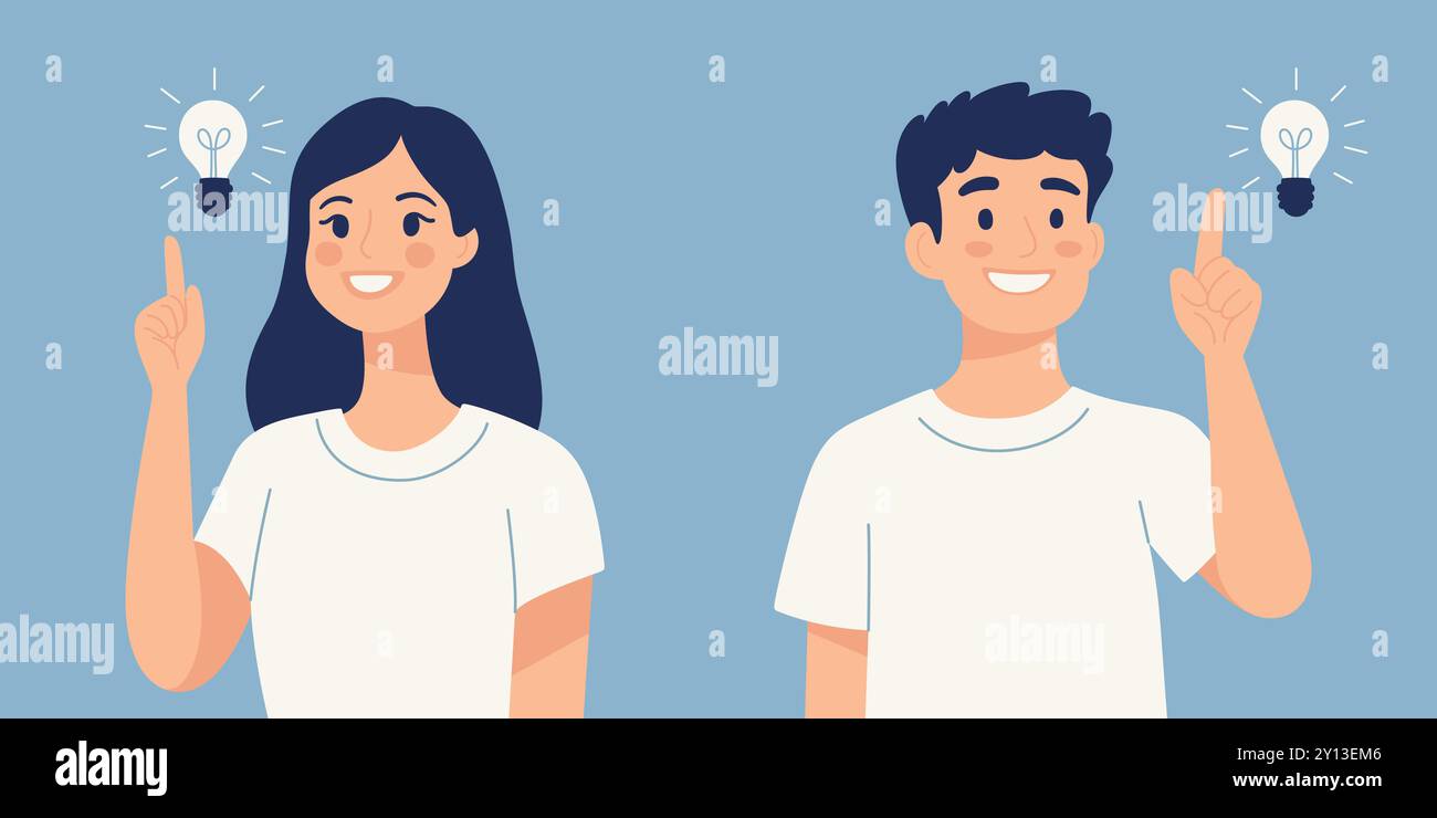 Man and Woman with Lightbulb Idea Sign. Great Idea Concept. Characters ...