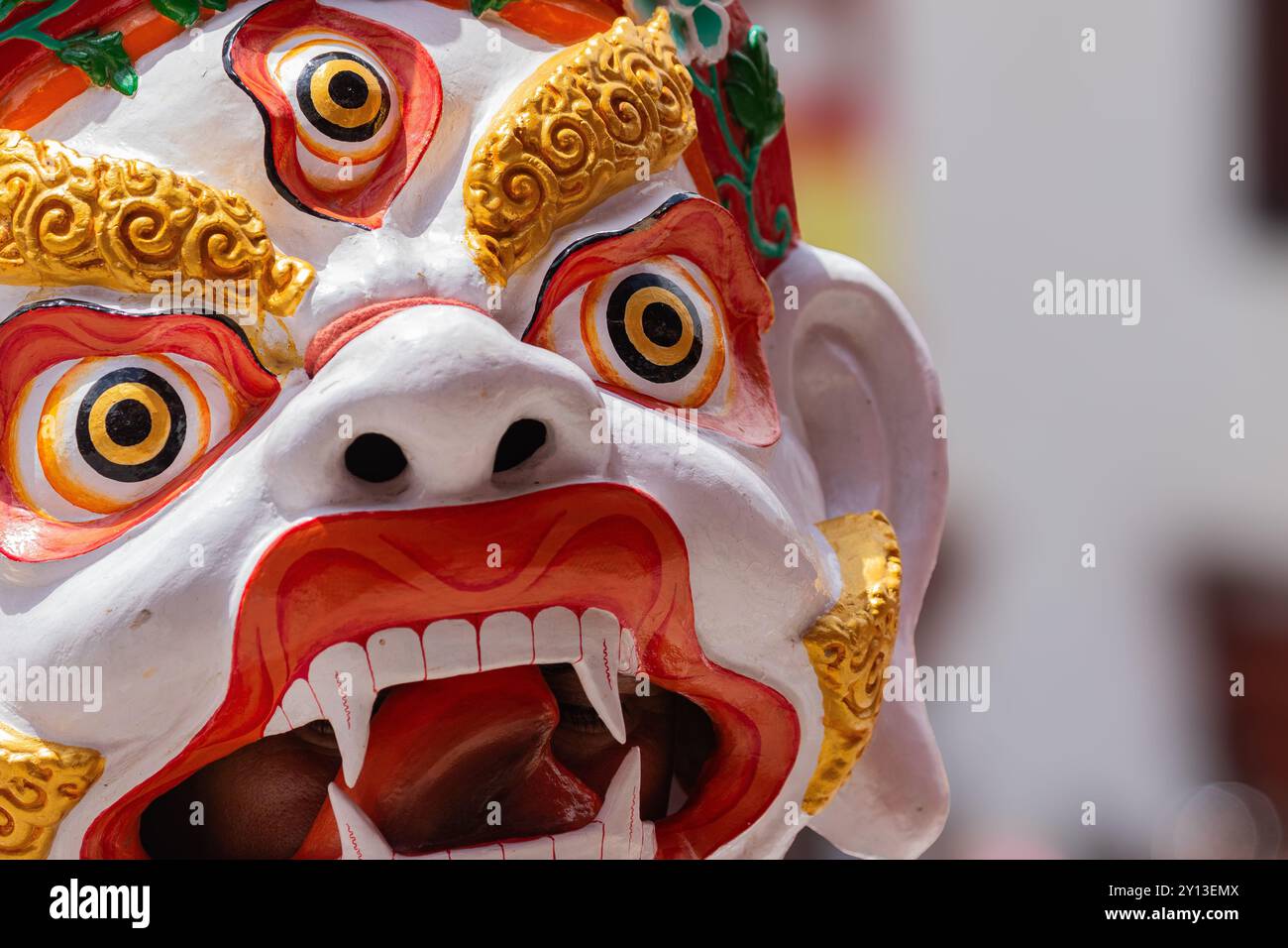 Close up of a colorful mask worn by Buddhist monks during Hemis ...