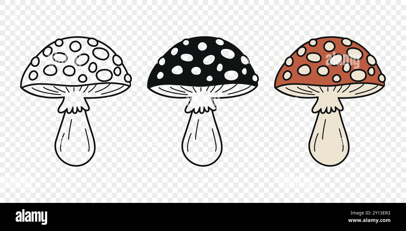 Flat Vector Hand Drawn Cartoon Fly Agaric Mushrooms Outline Illustration. Amanita Muscaria, Fly ...