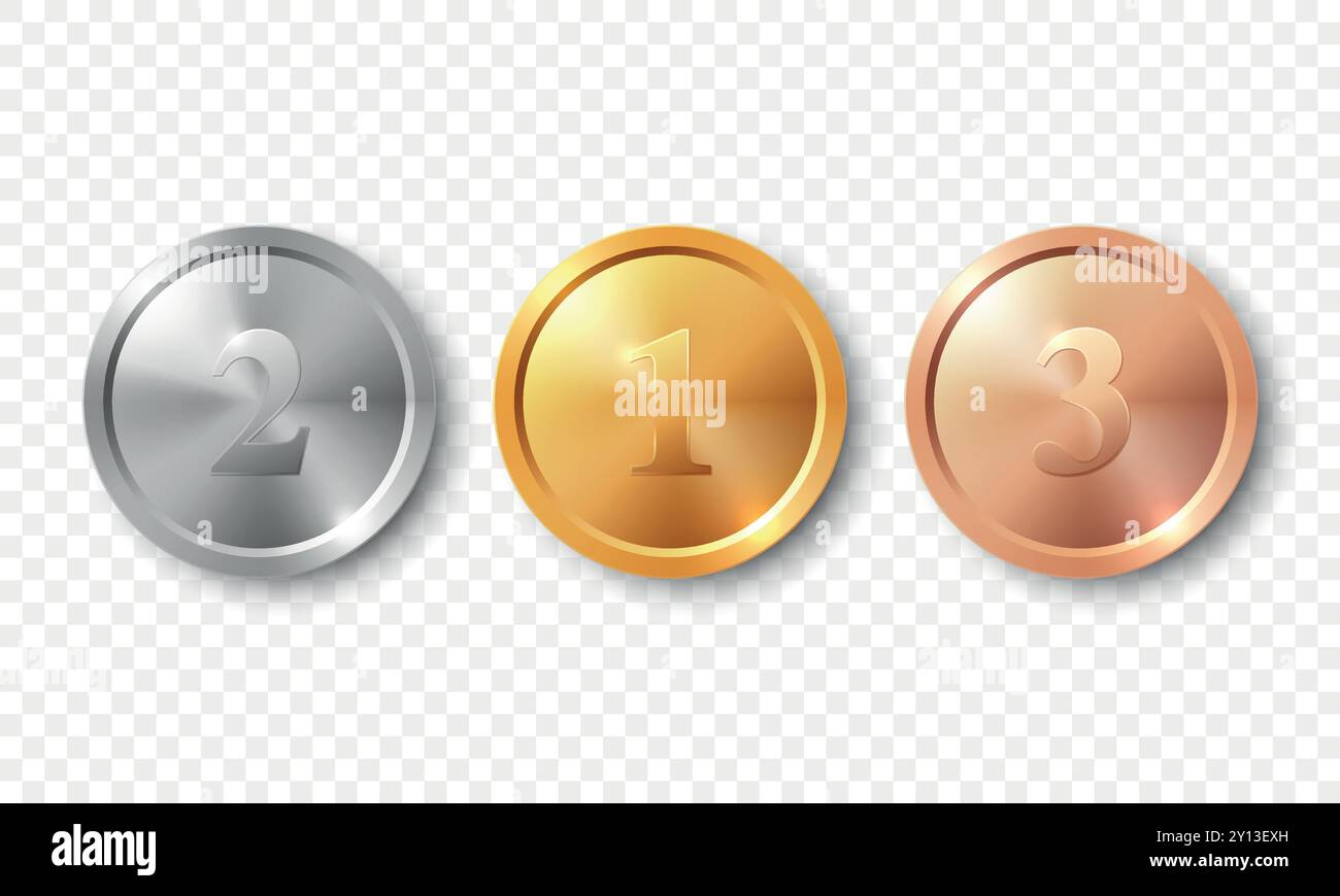 Vector 3d Realistic Blank Golden, Silver and Bronze Award Medal Set ...