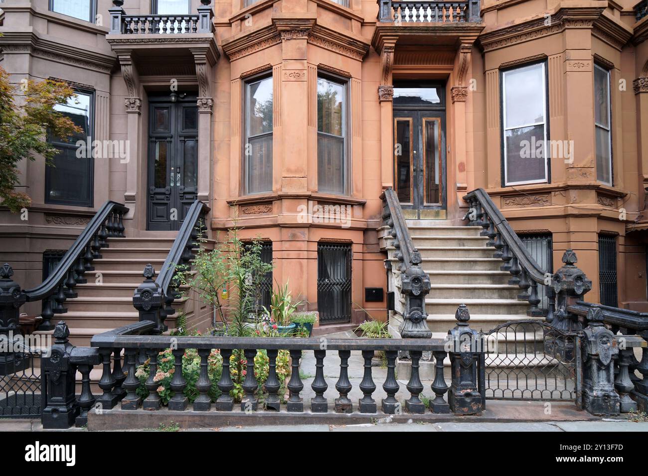 New York City, row of old brownstone townhouses with bay windows Stock ...