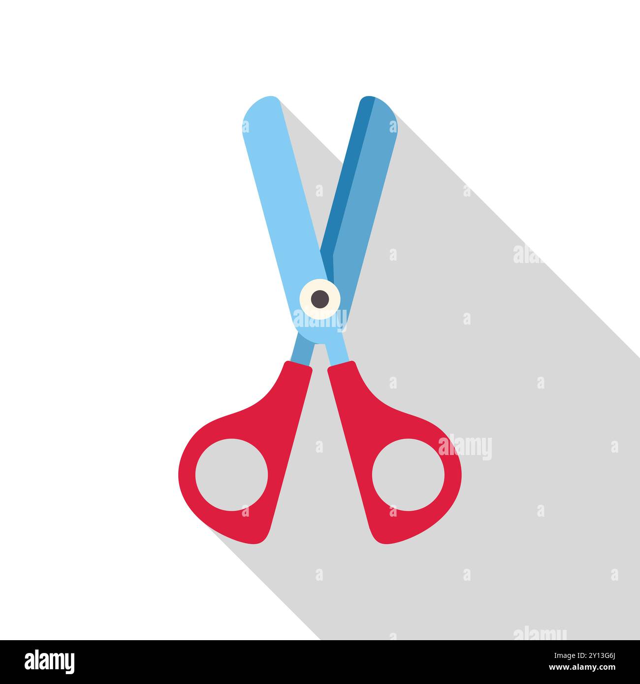 Red scissors with blue blades are casting a long shadow in this ...