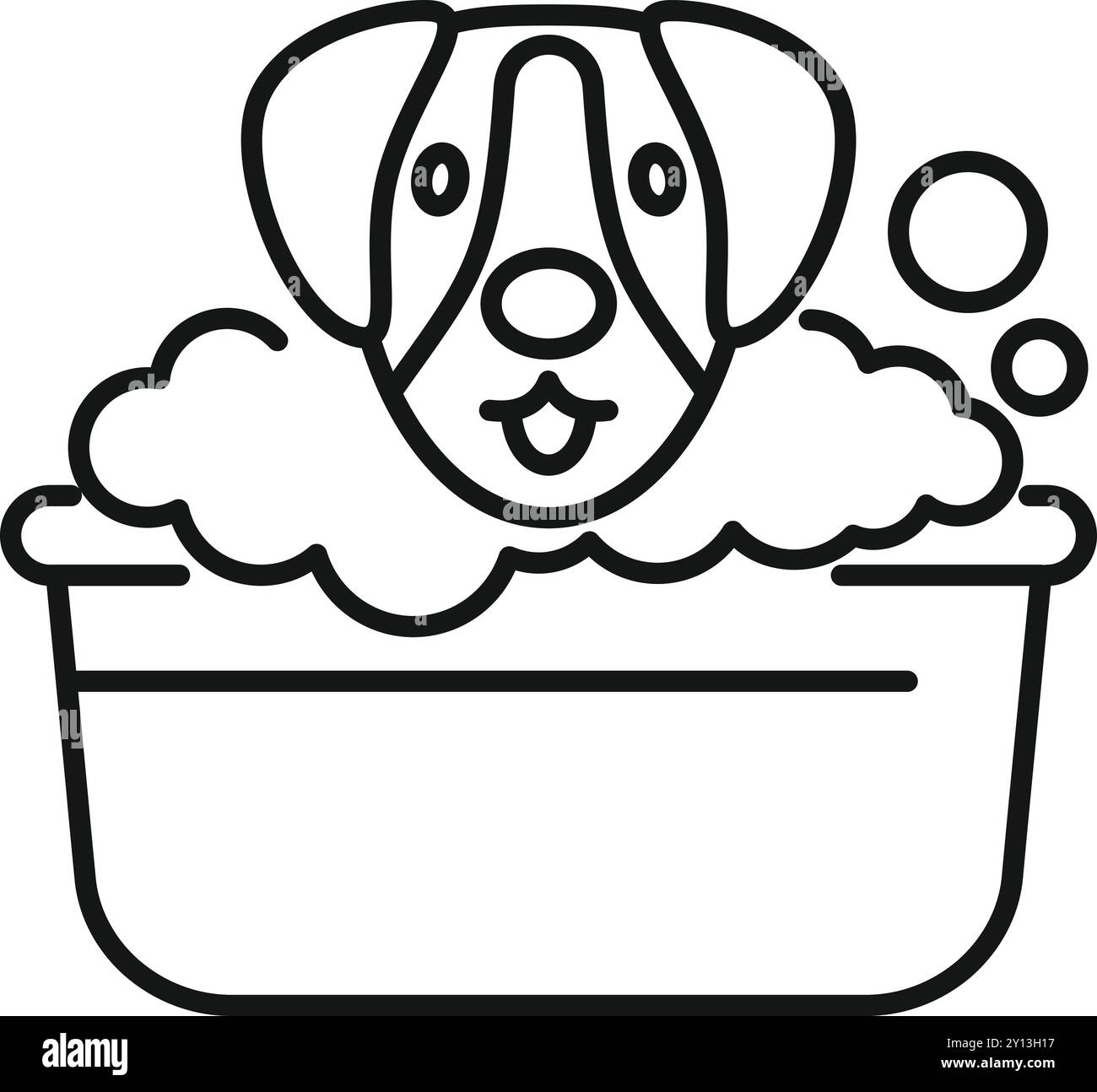 Cute dog is taking a bubble bath in a basin, enjoying being pampered ...
