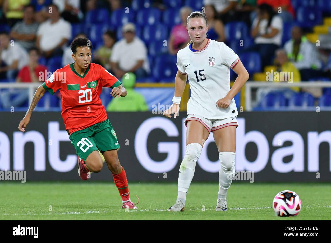 Cali, Colombia. 04th Sep, 2024. Hajar Jbilou of Morocco battles for ...