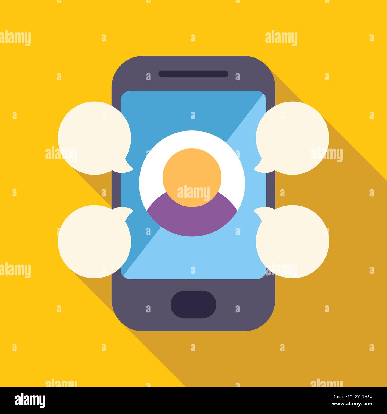 This vector illustration shows a smartphone displaying a social media ...