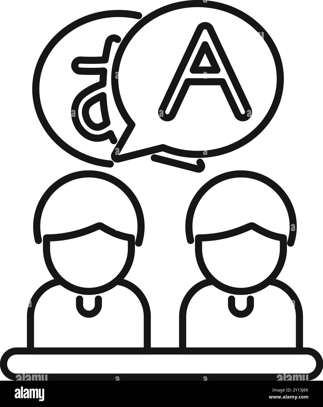 Line drawing of two young men speaking different languages, represented ...