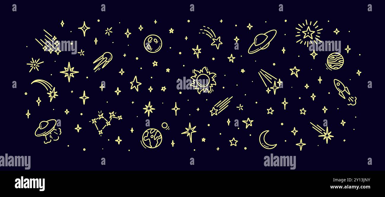 Cute line doodle space background. Hand drawn planets, sun, moon, stars ...