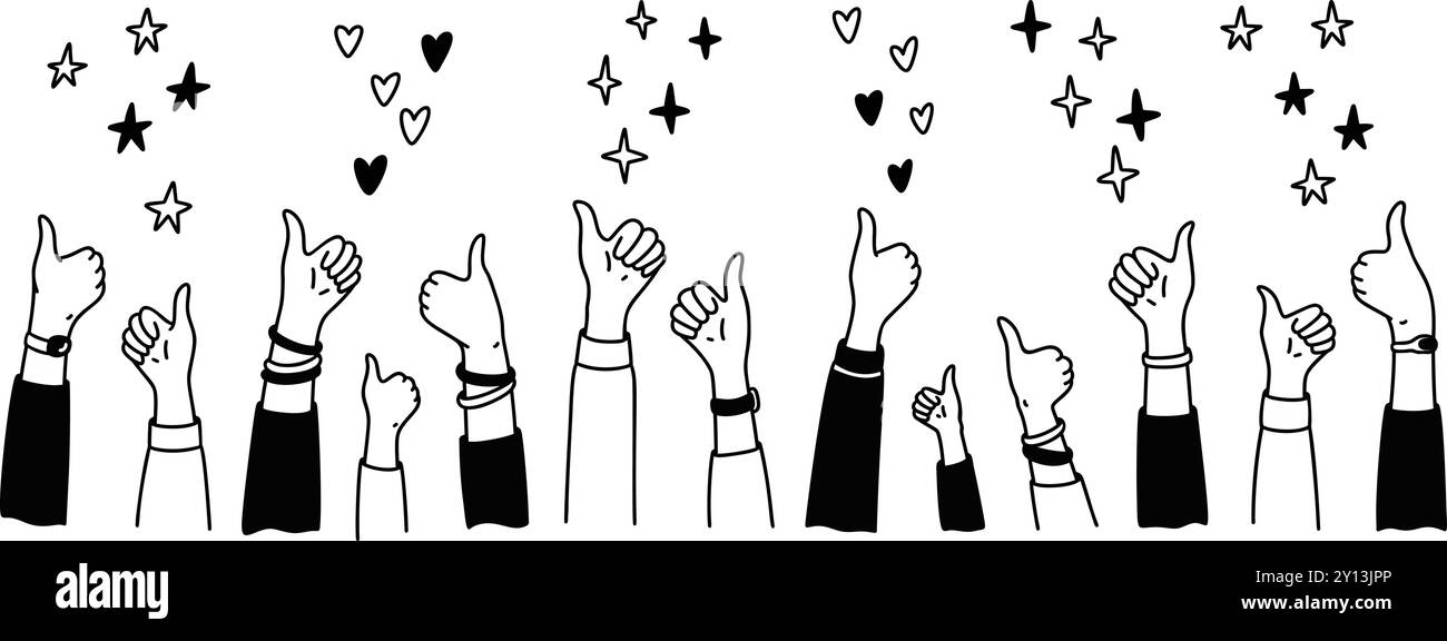 Raising hands with thumb up doodle background. Positive reaction for ...