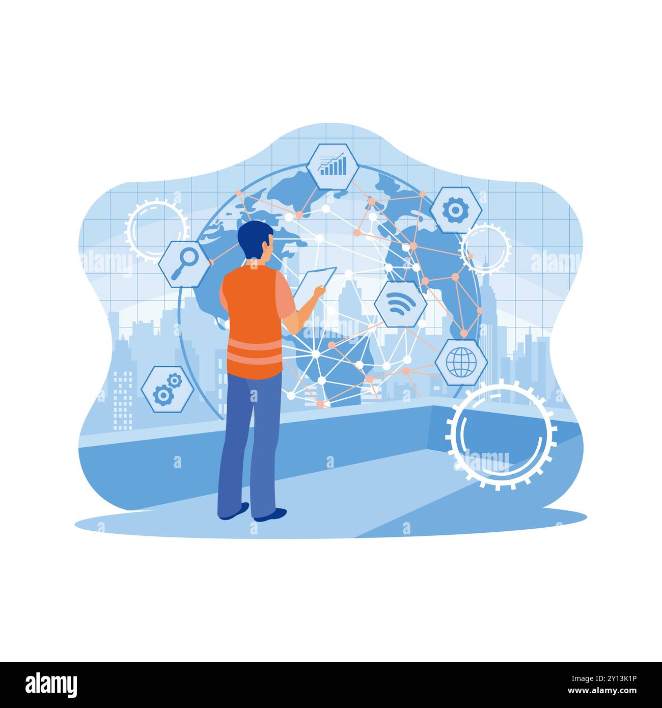 Business people use digital tablets with business icons and globes. High technology and ...