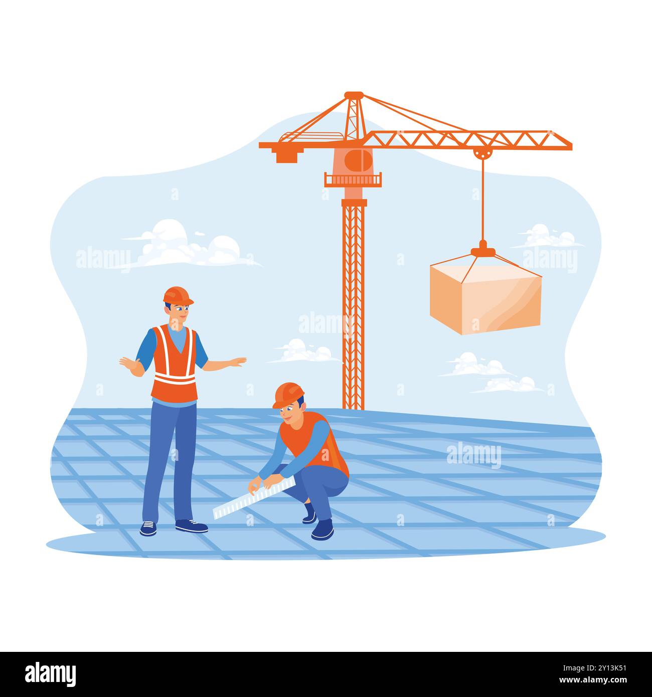 Construction engineers and workers are on the roof of a new concrete ...