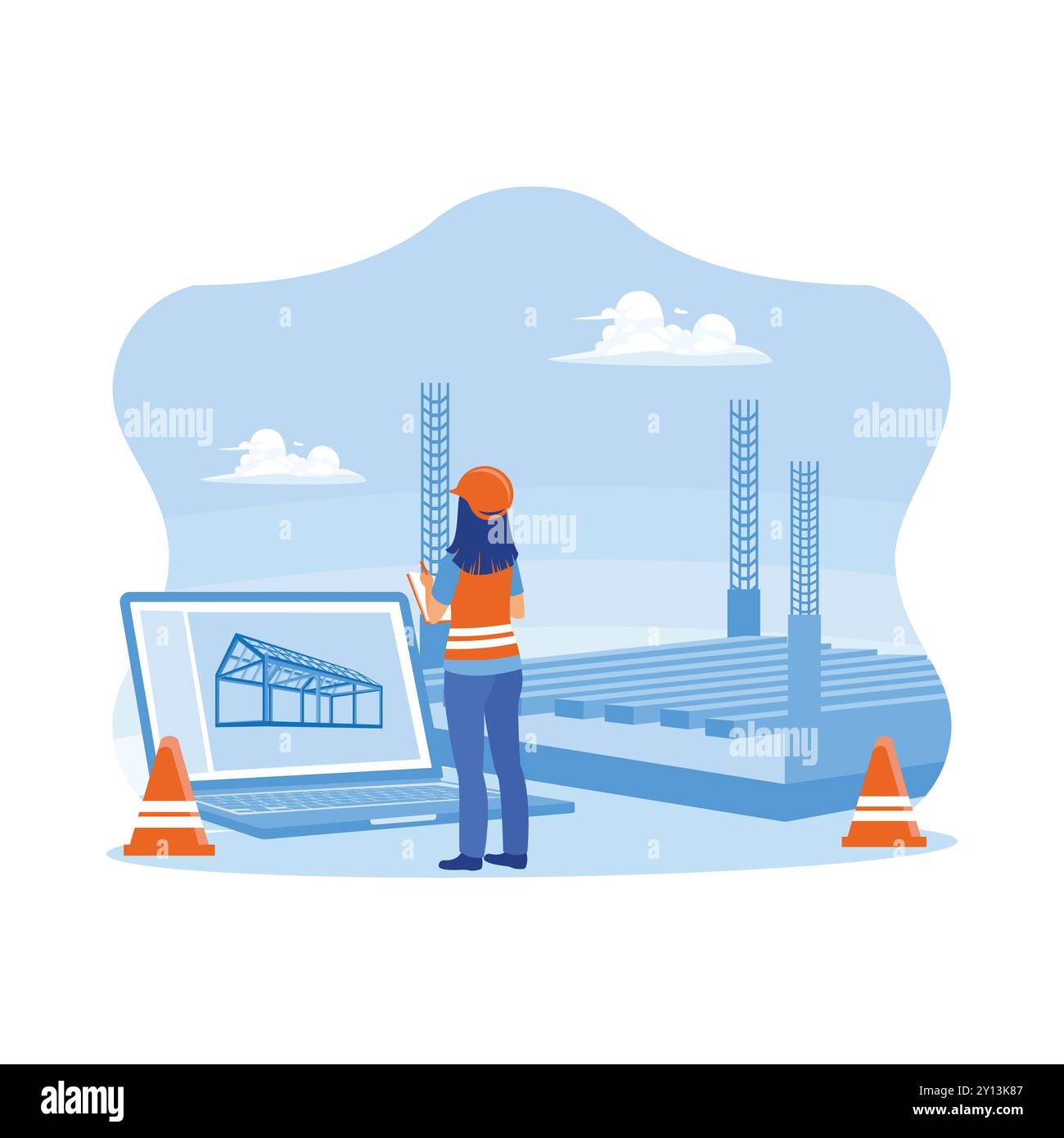 Female civil engineer standing in front of a laptop at construction ...