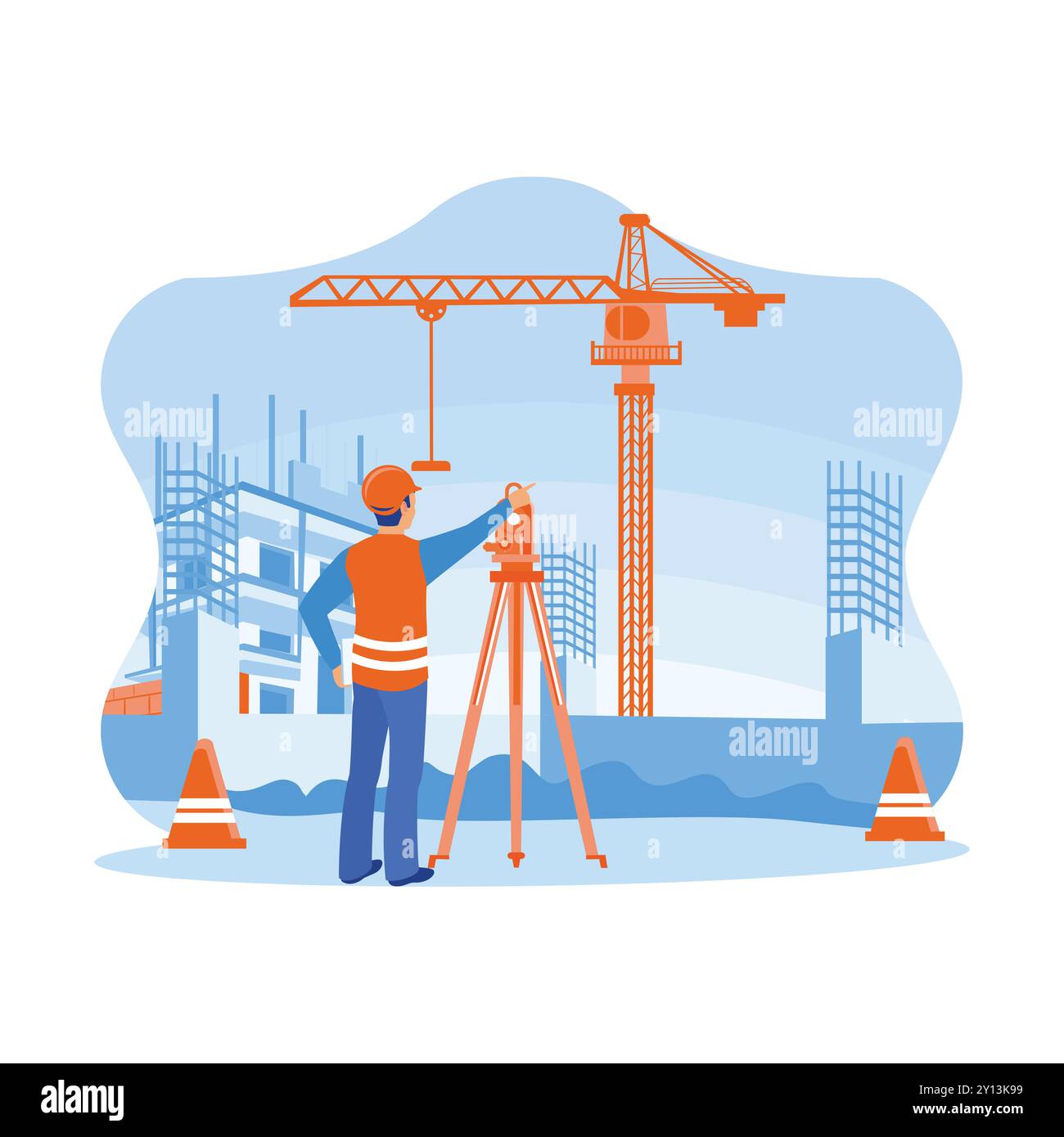Survey engineer working using a theodolite at a construction site ...