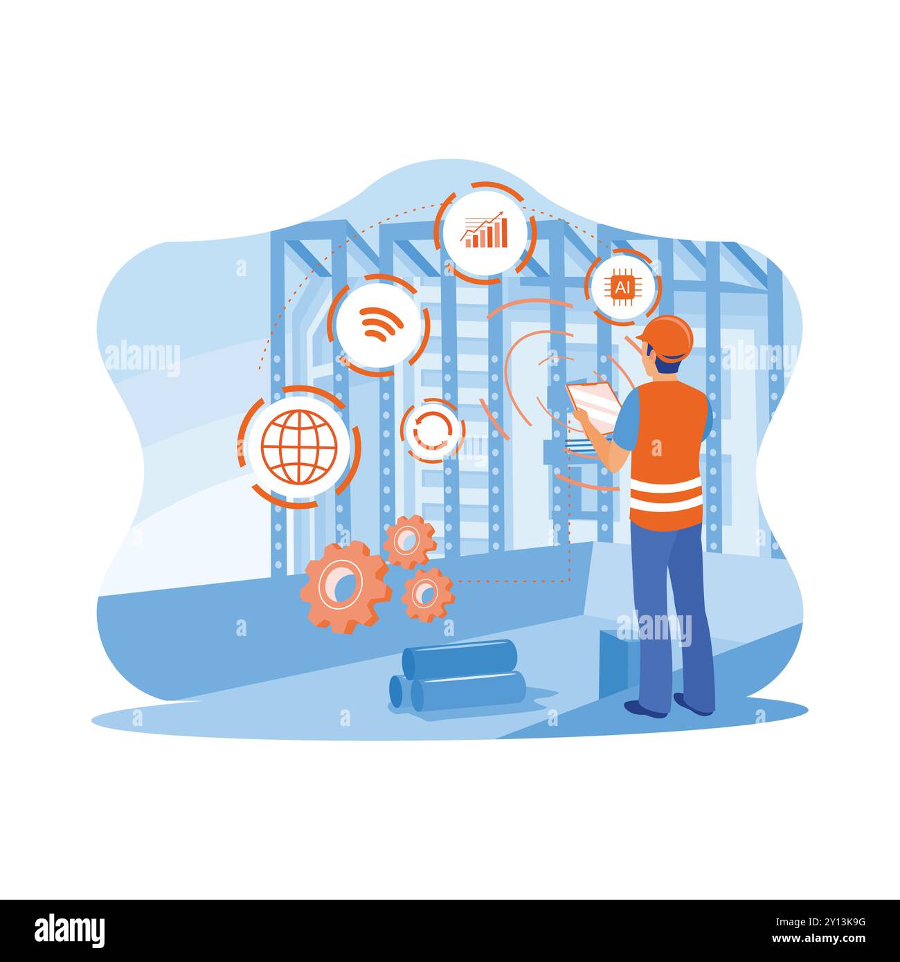 Engineer using a digital tablet with Construction Management Software ...