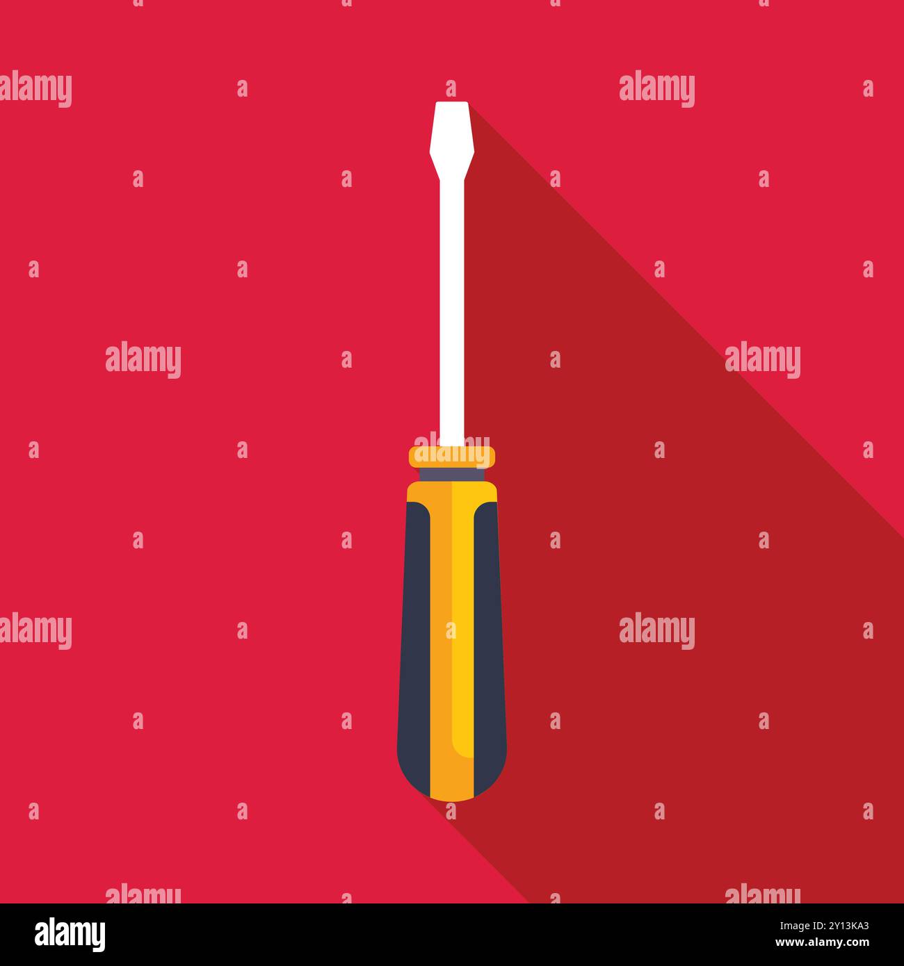 Yellow and black screwdriver casting long shadow on red background ...