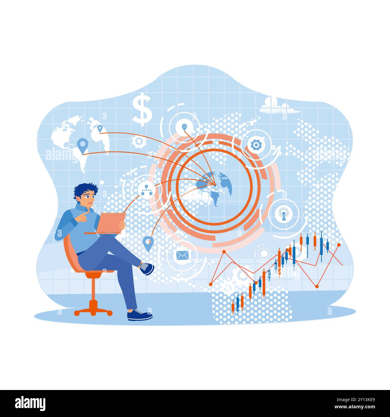 Young businessman using stock market interface financial charts on his ...