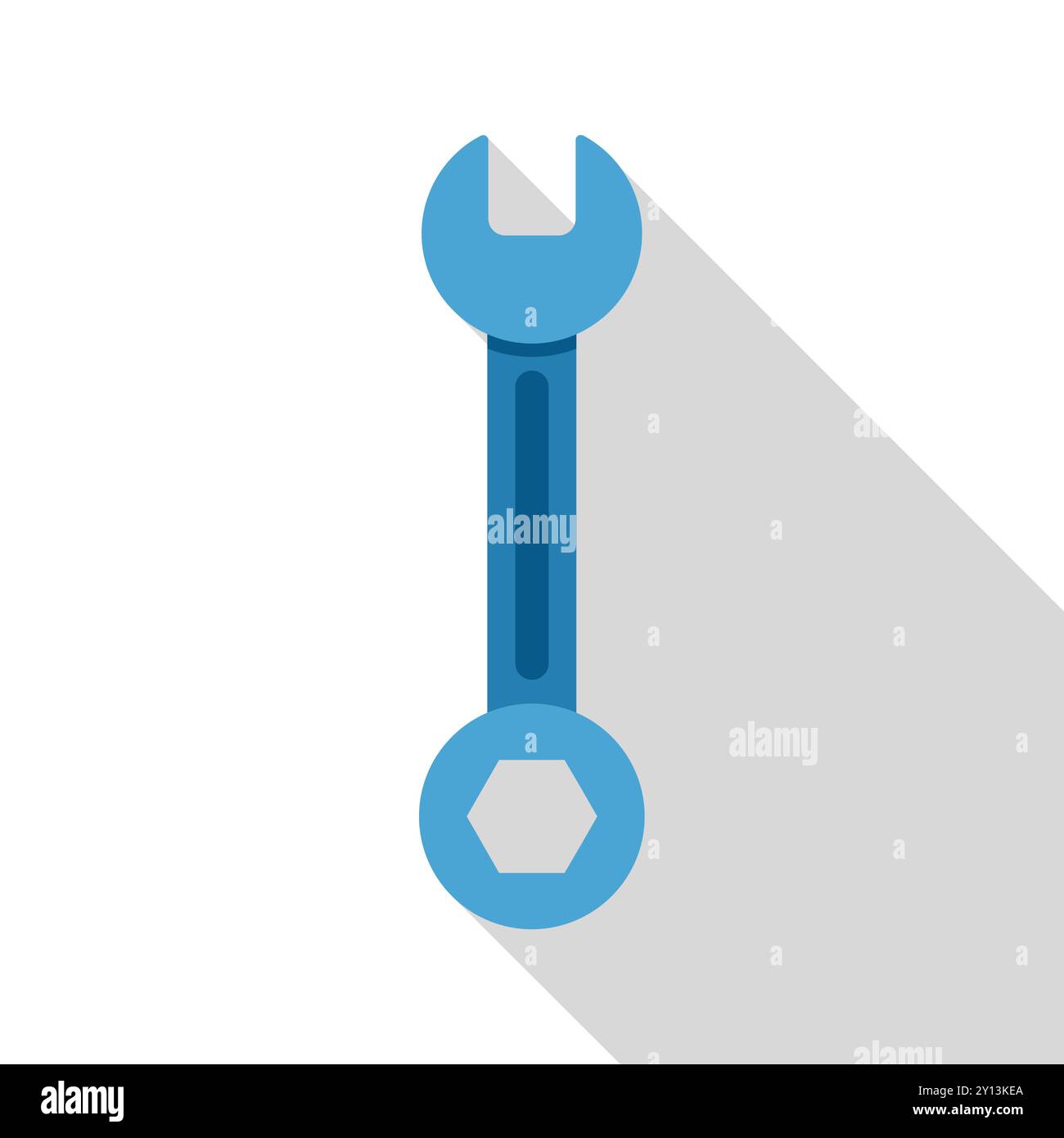 Blue wrench casting a long shadow on a white background, simple vector ...