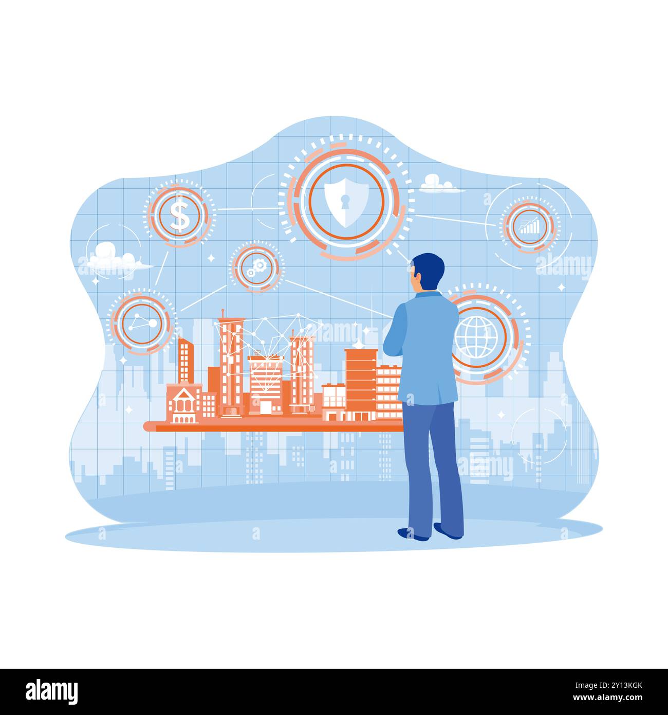 Middle-aged man standing in front of a miniature city. Creating a ...