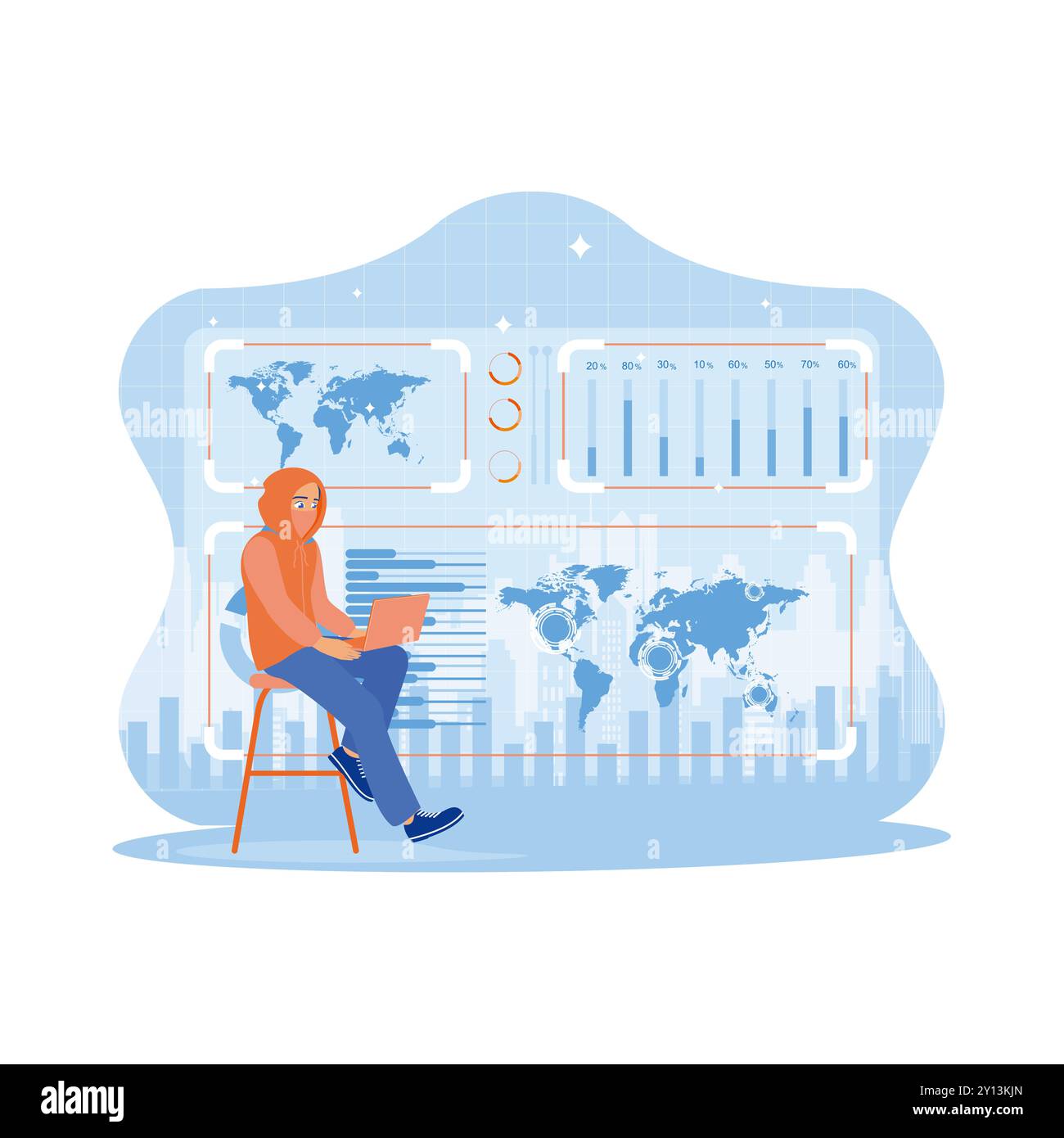 Hacker using a creative glowing blue business chart with a map. Using a ...