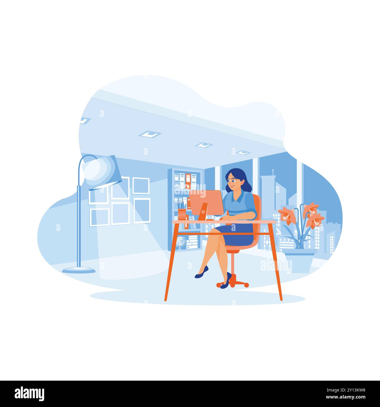 Young businesses are busy working in front of computers at night. Talk ...