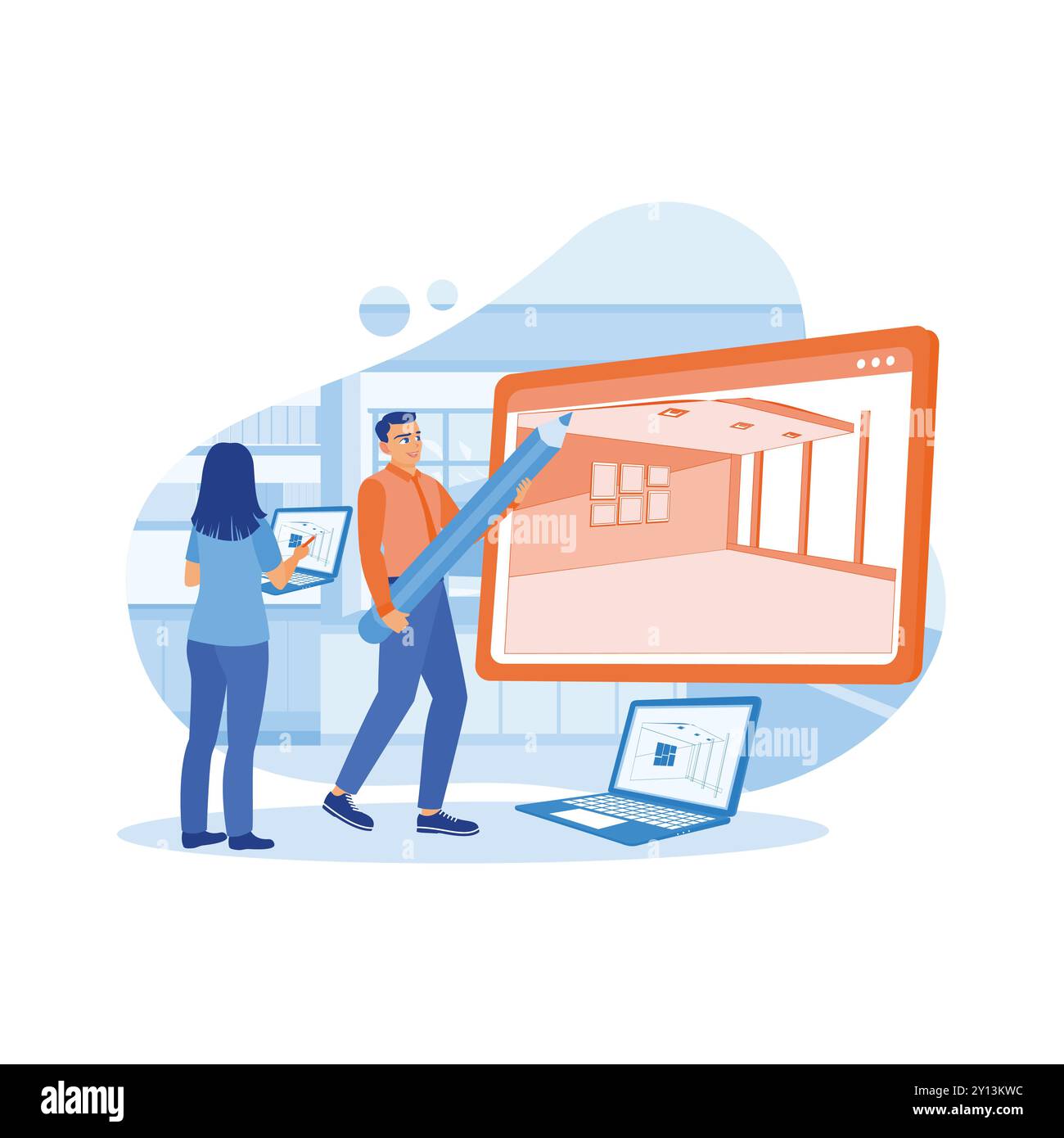 Two employees create interior designs on laptops and digital tablets ...