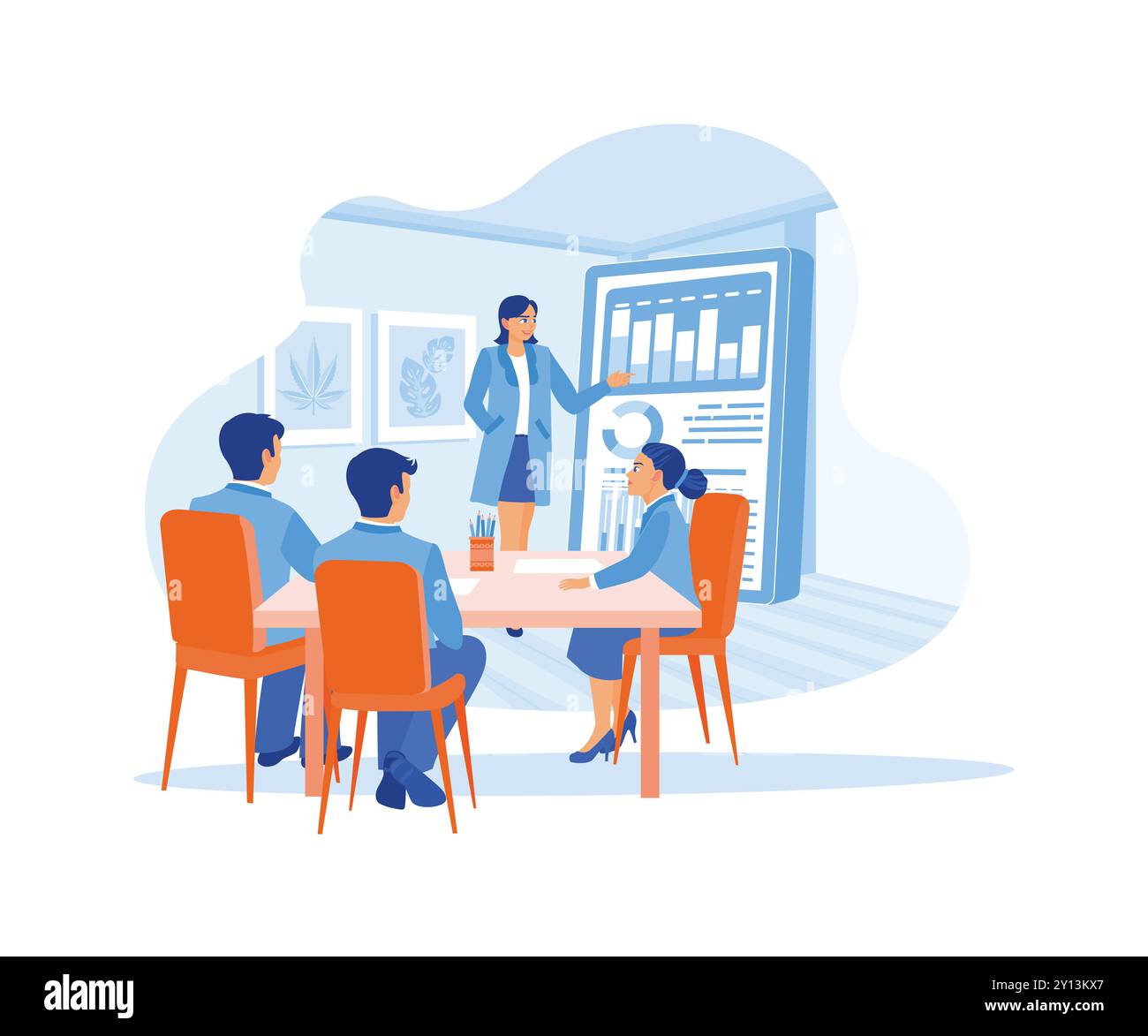 The female manager is holding a presentation with the marketing team ...