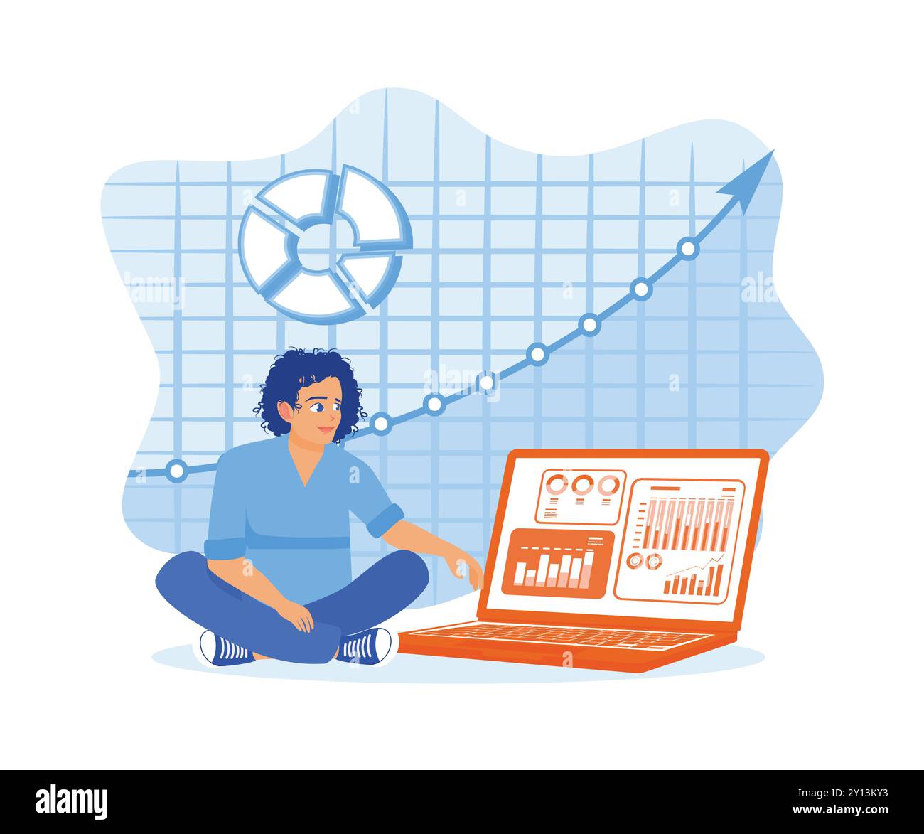 Analyzing business growth. The laptop screen displays data, graphs, and ...