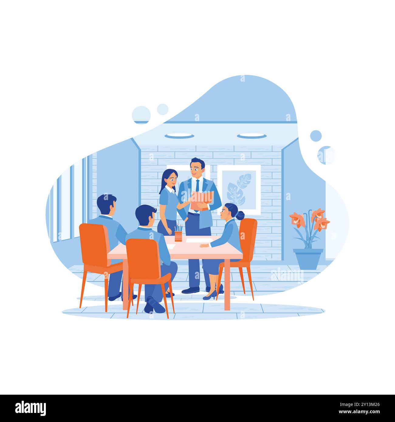 Coworkers have a meeting in the office. Discuss and make decisions ...