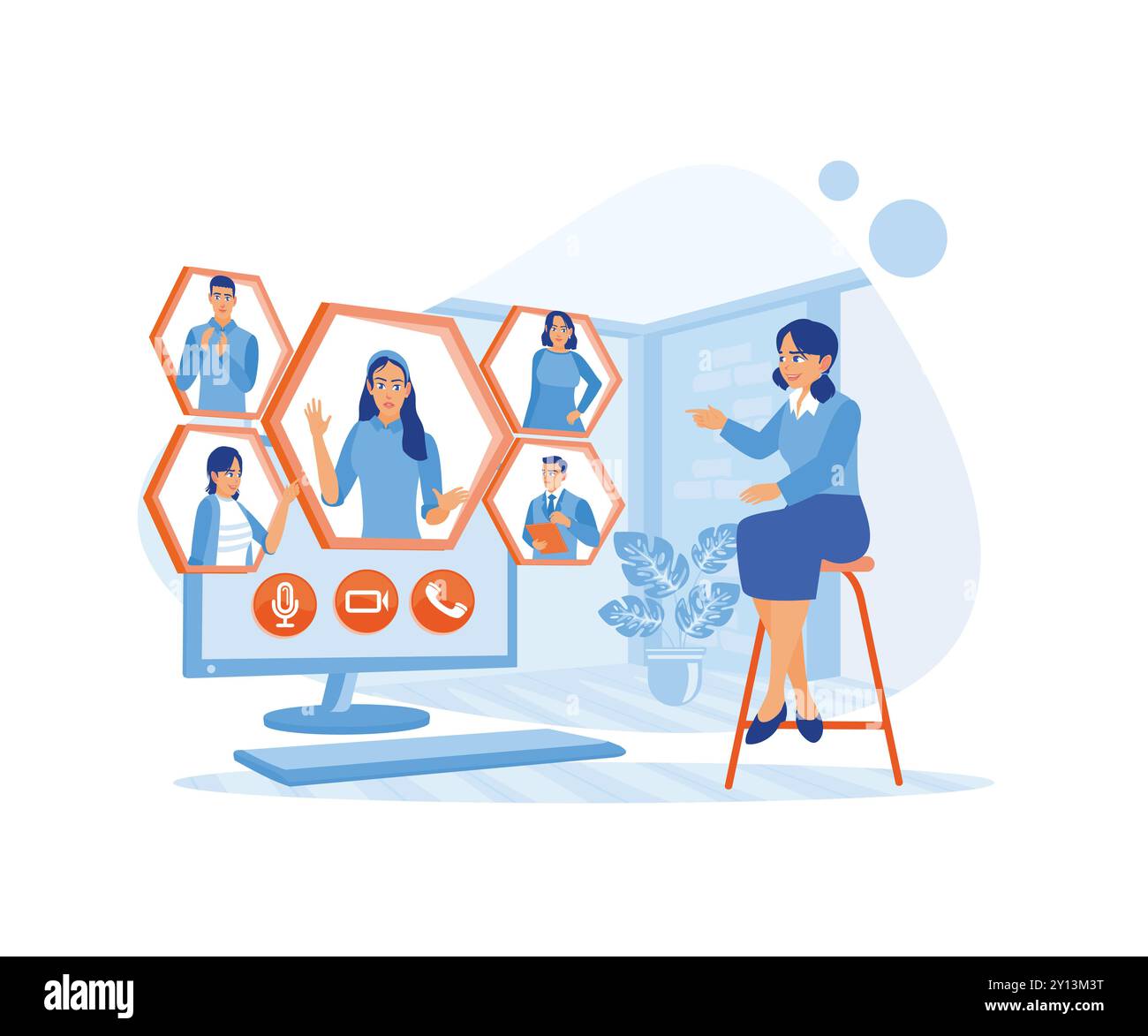 Employees hold online meetings or group digital briefings on computers ...