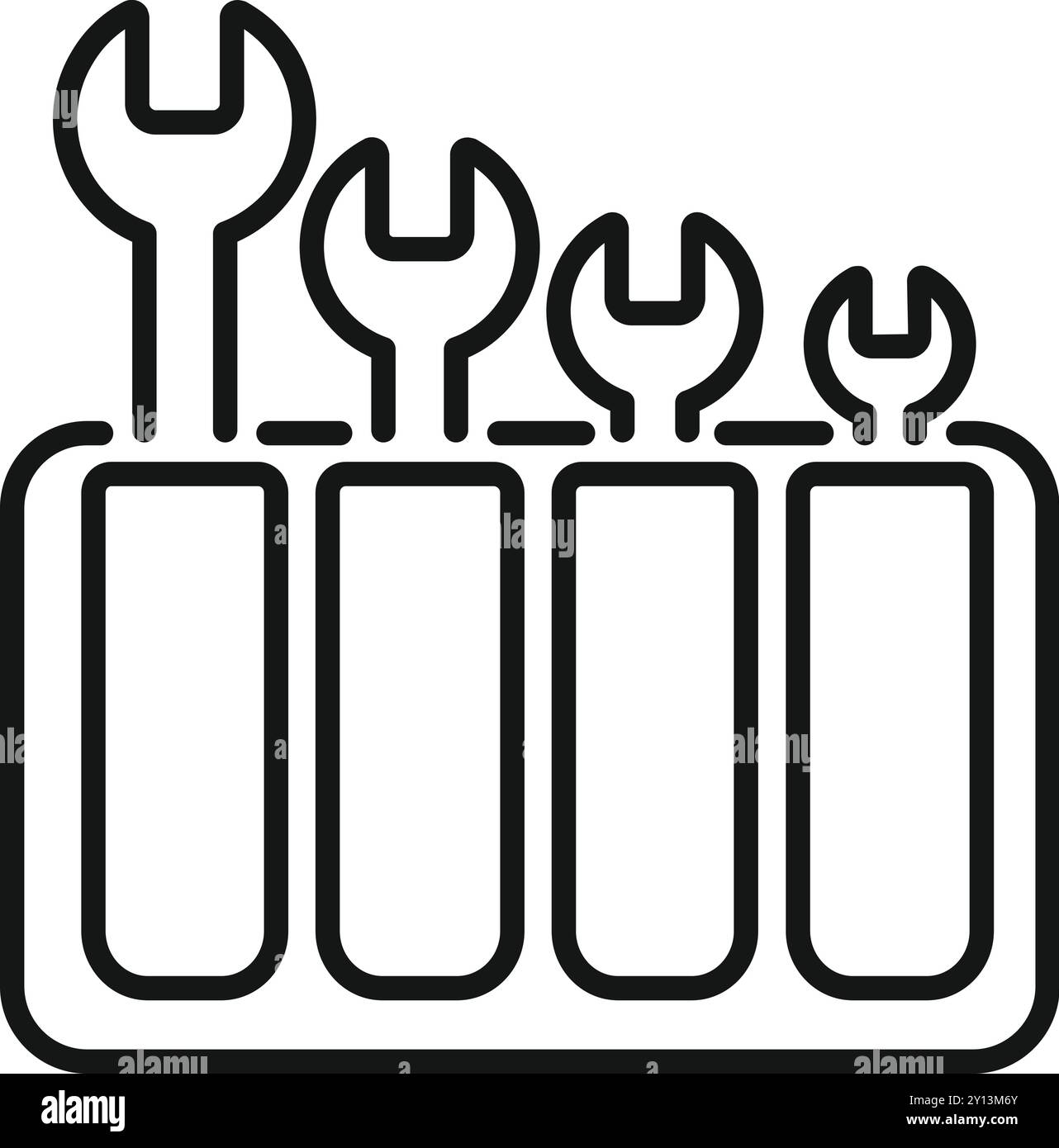 Set of wrenches of different sizes standing in tool organizer box line ...