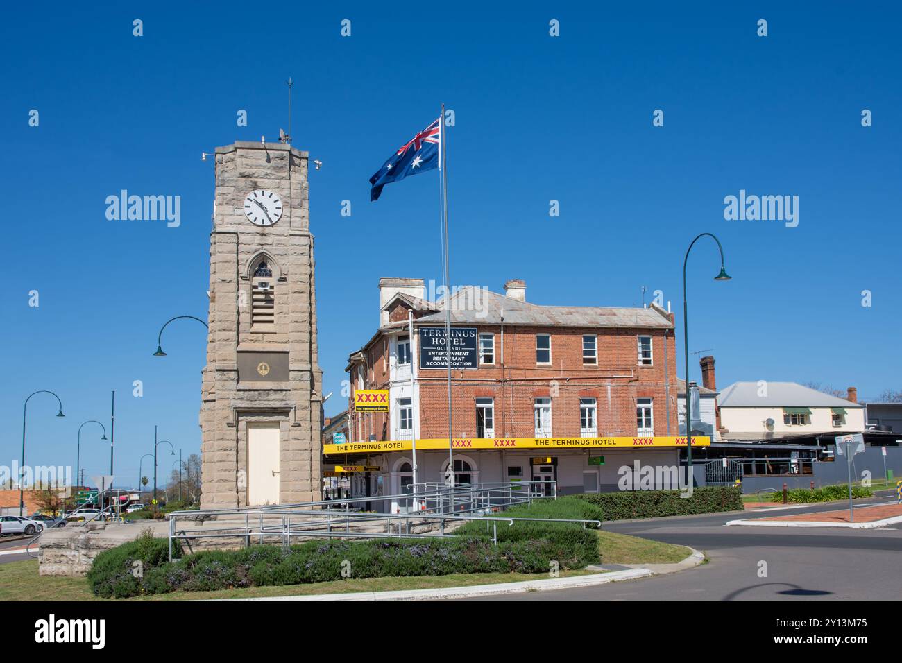 Sandstone Clock Tower Great War Memorial and Australian Flag at ...