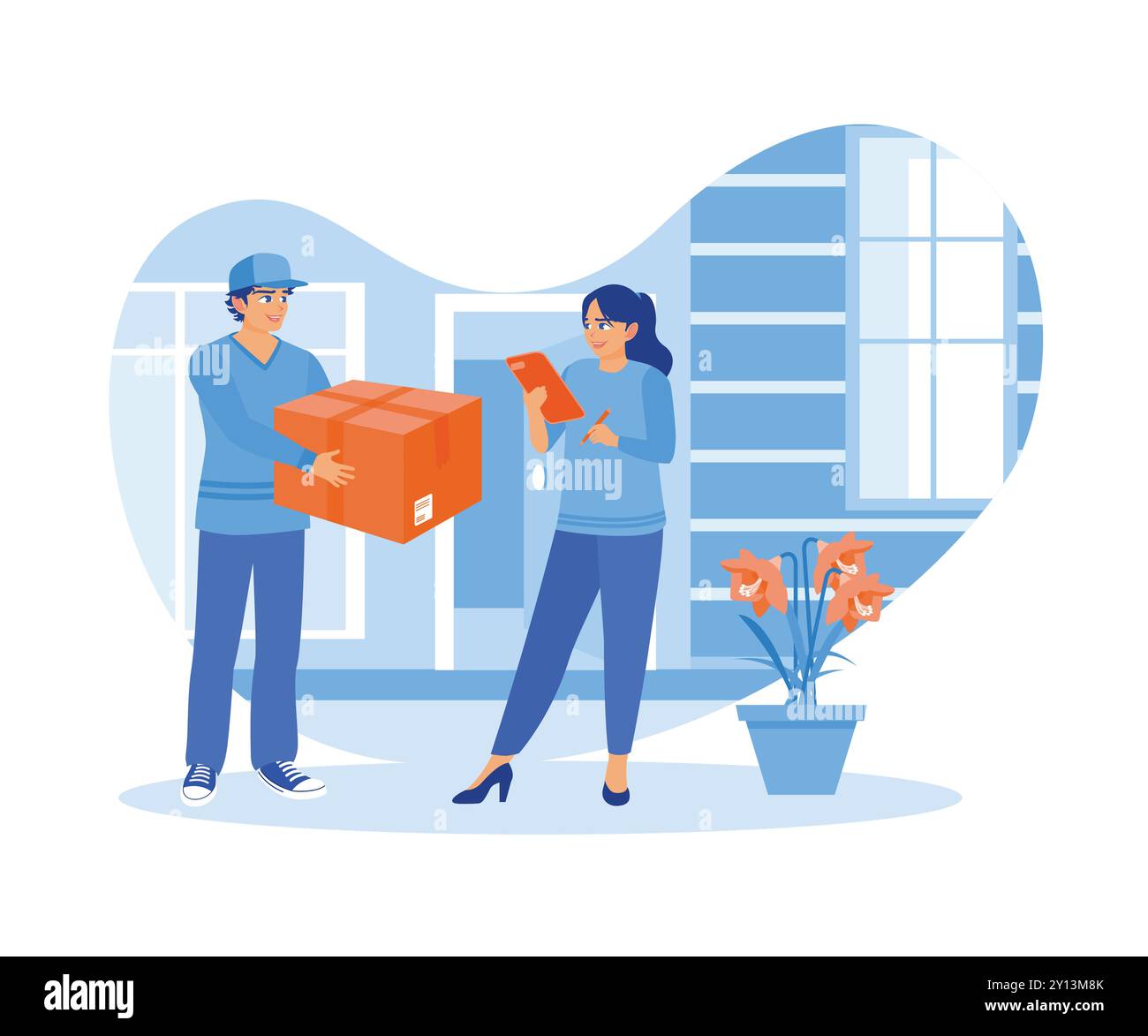 A courier delivers a package to the customer's address. A woman signs ...