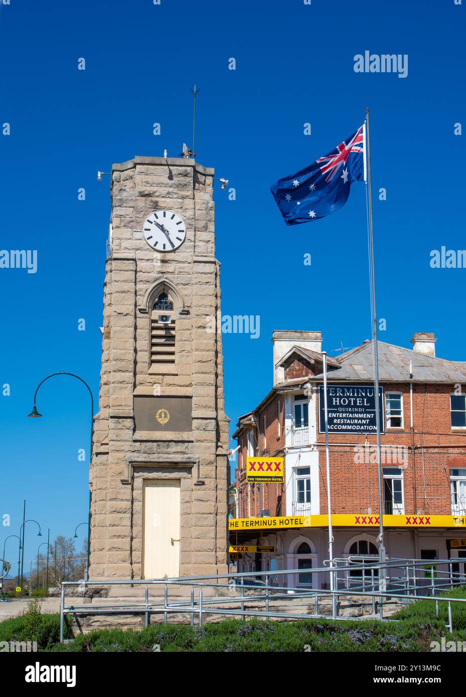 Sandstone Clock Tower Great War Memorial and Australian Flag at ...