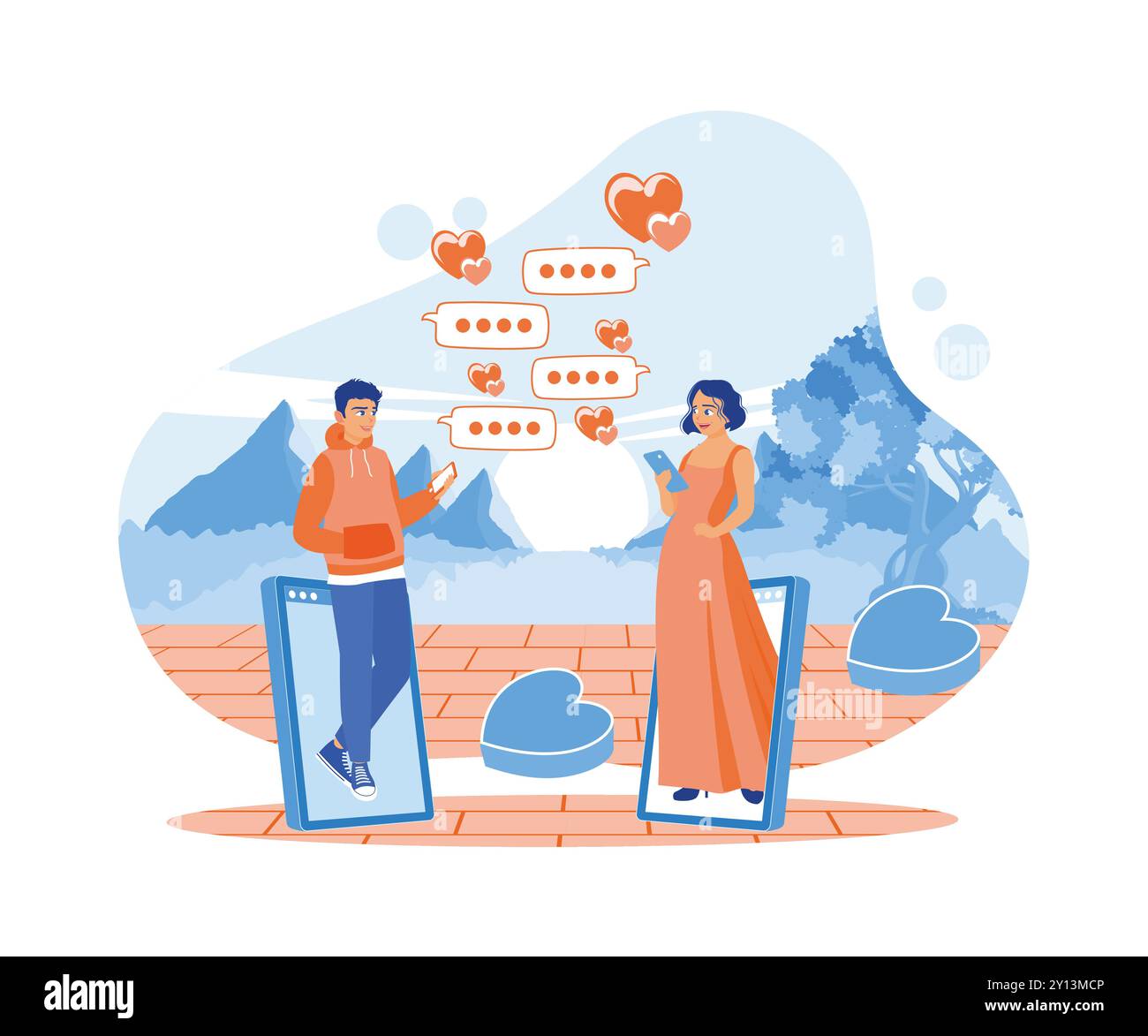 Young couples using mobile phones send and read messages in text ...