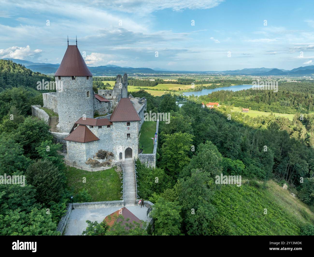 Aerial panoramic view of Zovnek castle, oldest medieval stronghold in ...