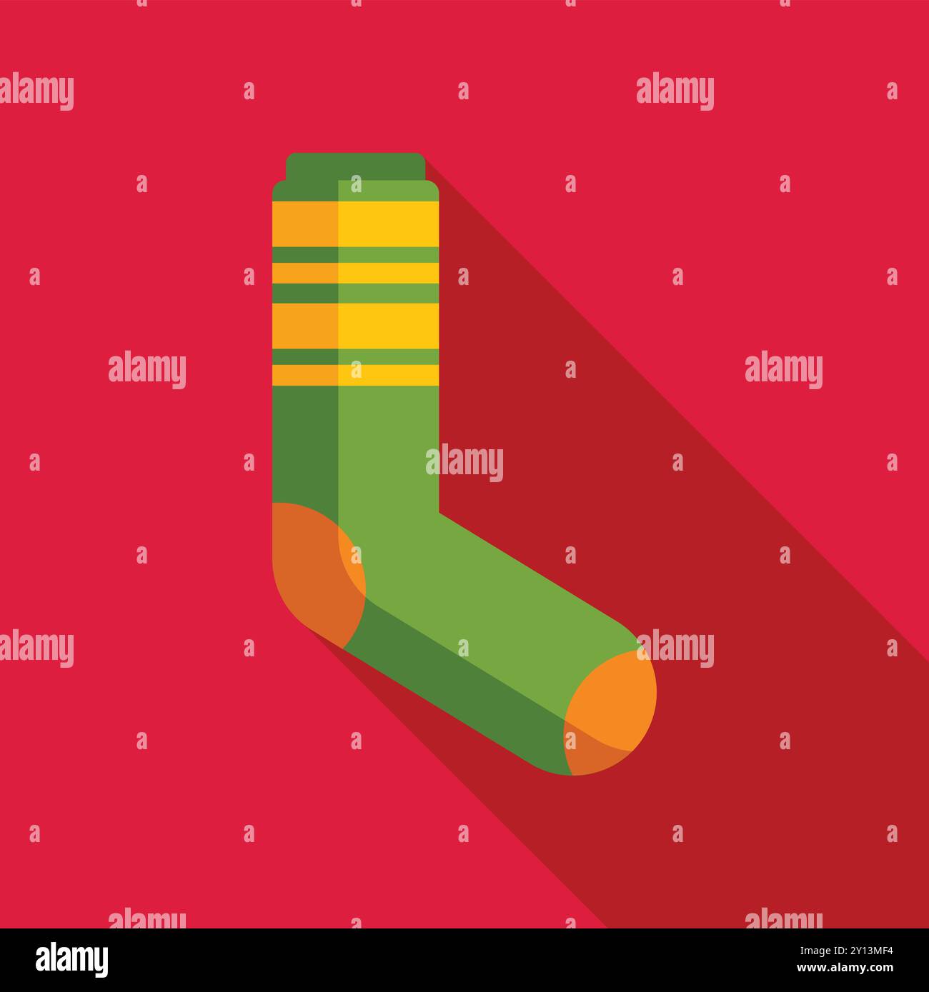 Green and yellow sock lying on red background, in flat design with long ...