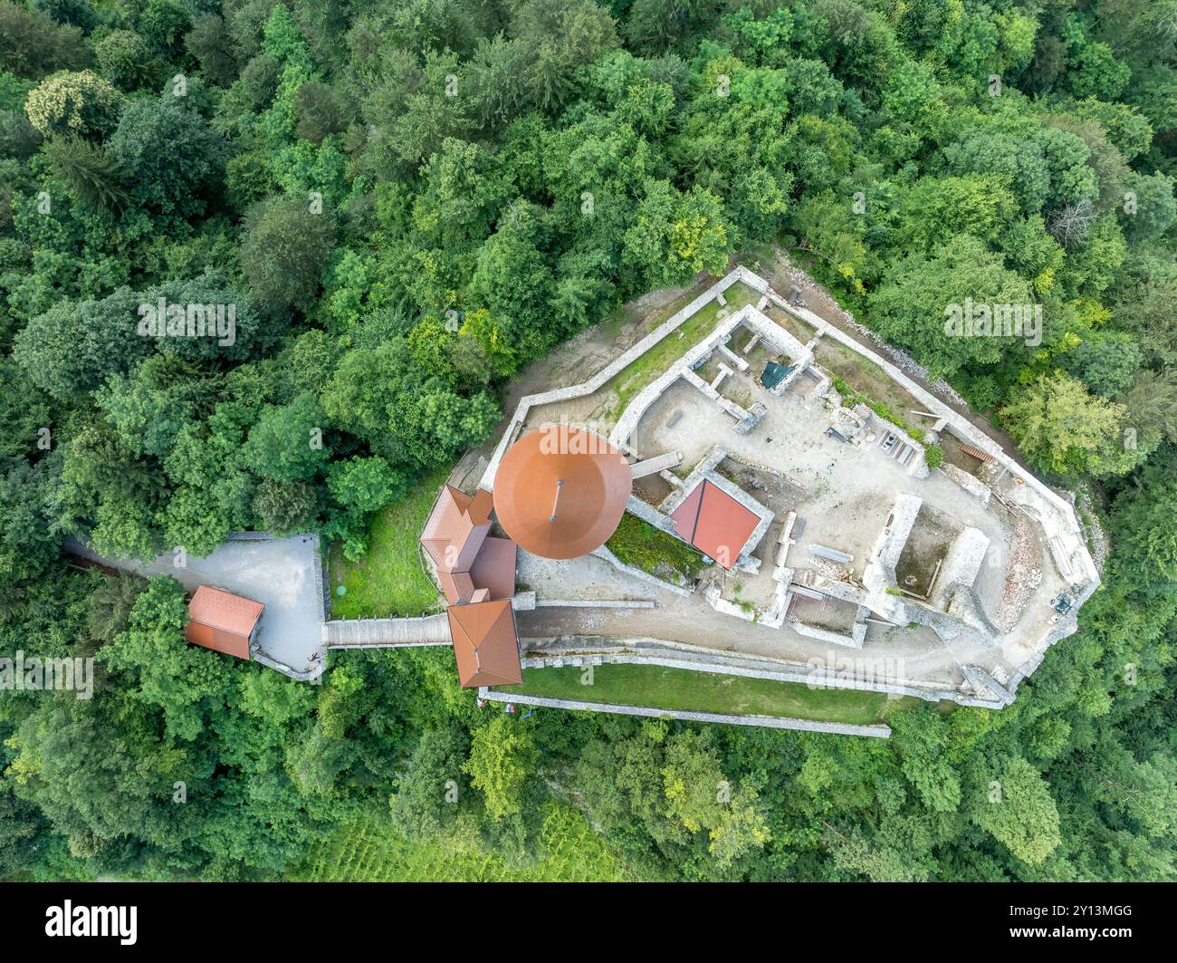 Aerial top down ground plan view of Zovnek castle in Slovenia with ...