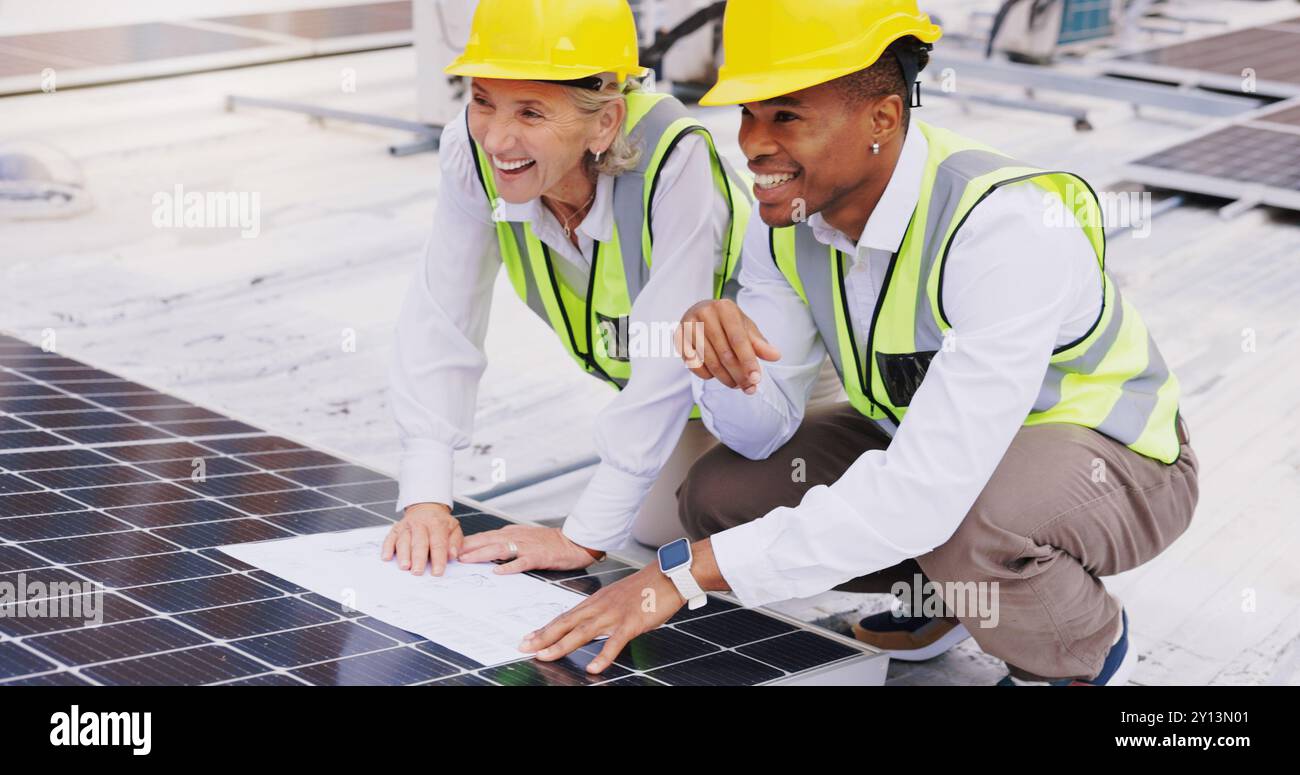 Solar panel, thinking and business people with blueprint for planning ...