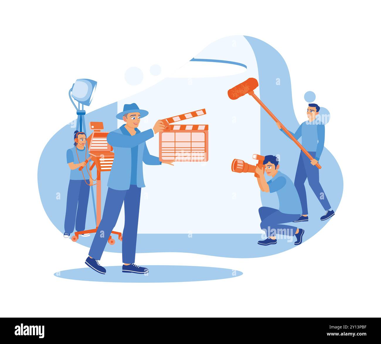 Camera assistant holding clapperboard. The film crew team carried out ...