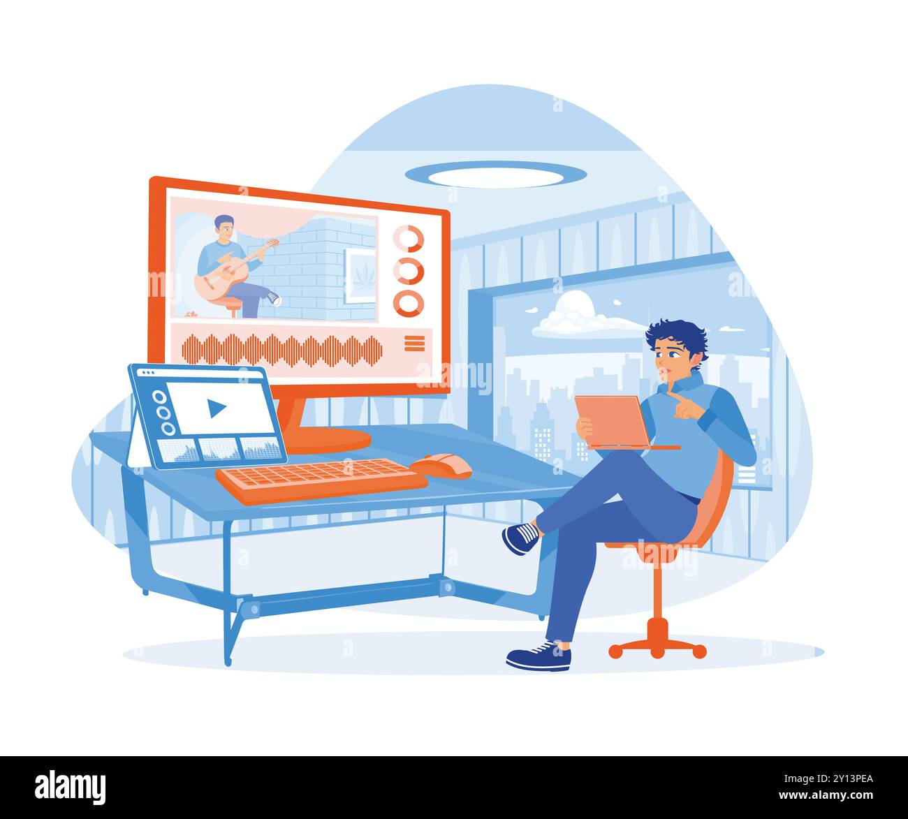 Male video editor working in creative office loft. Working with ...