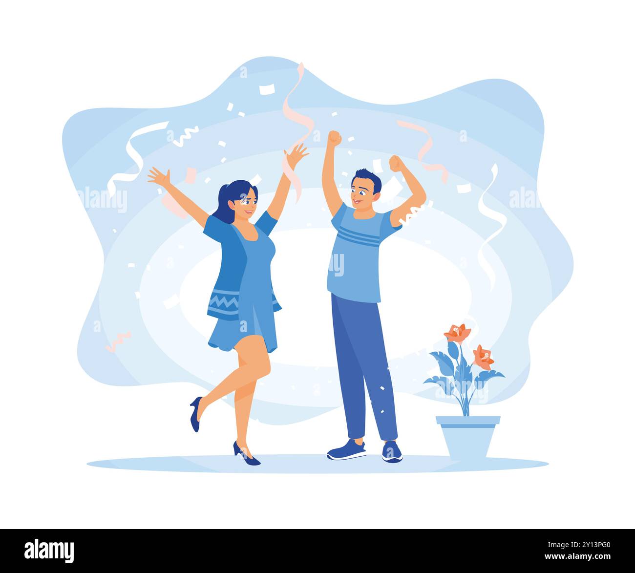 Men and women celebrate happiness together. Raised hands with flying ...