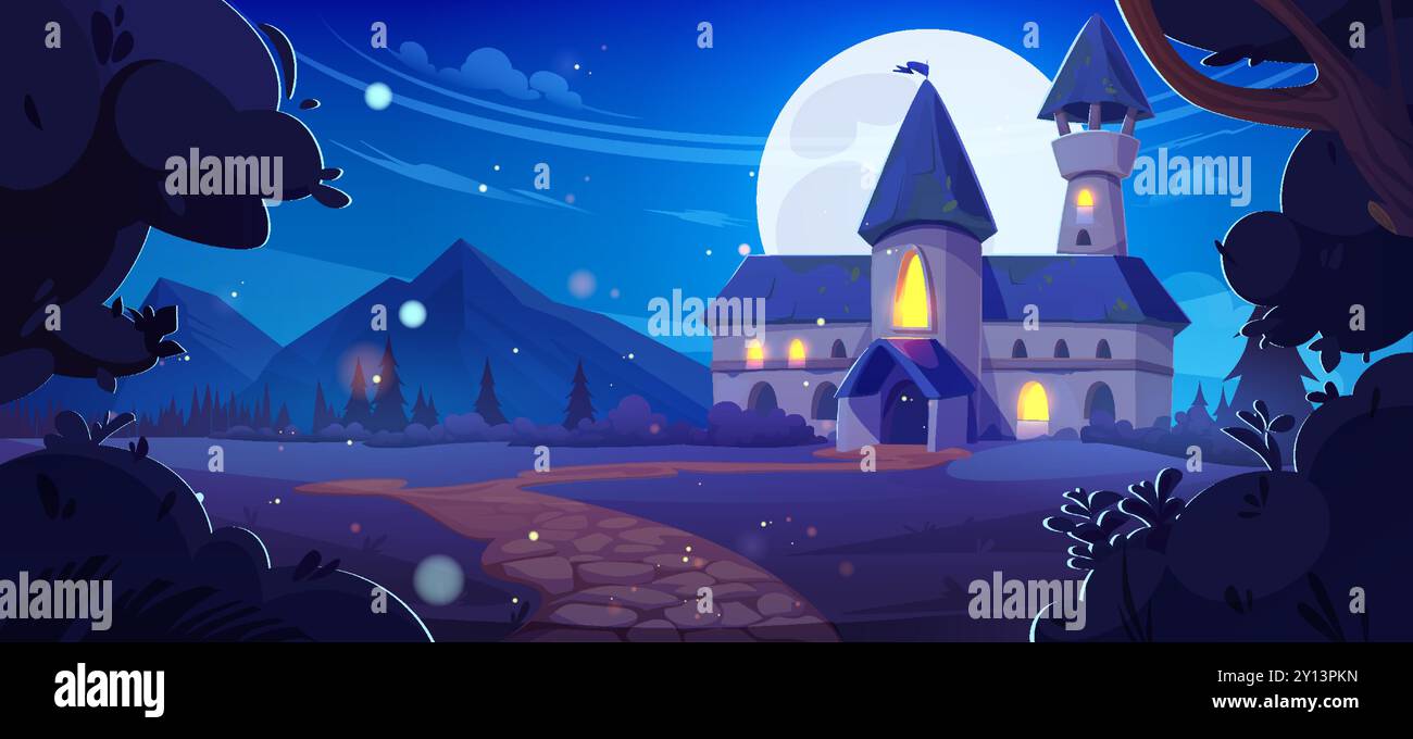 Fairy castle with light in windows at night. Cartoon vector dark dusk ...