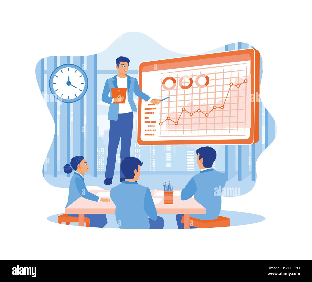 CEO businessman displays product sales graphic data on a projector ...