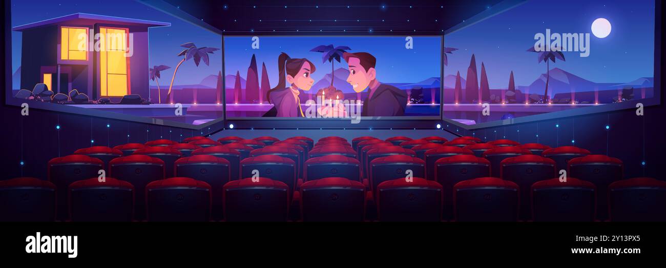 Cinema hall with romantic film on screen. Vector cartoon illustration ...