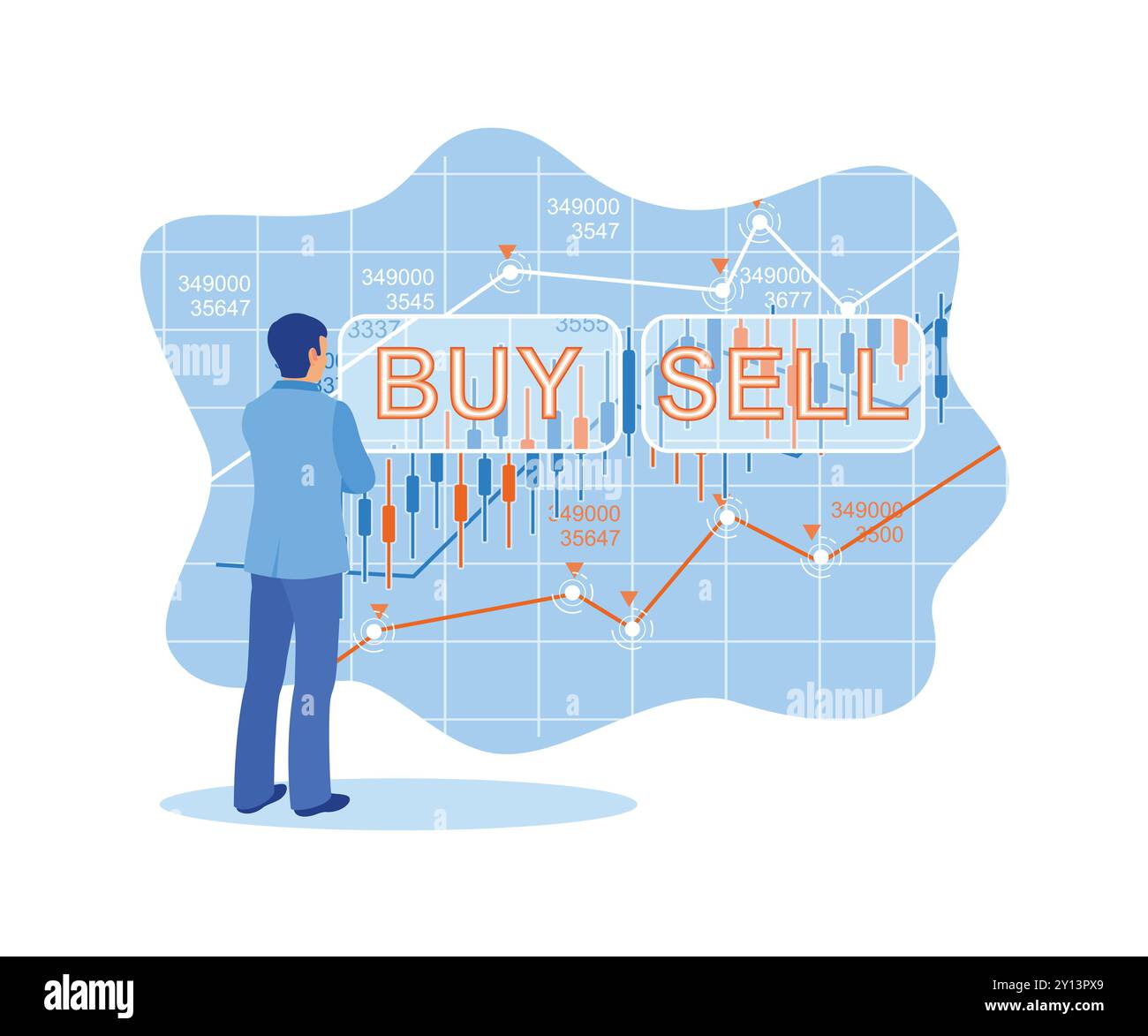 Businessman standing in front of virtual screen. Analyze trading charts ...