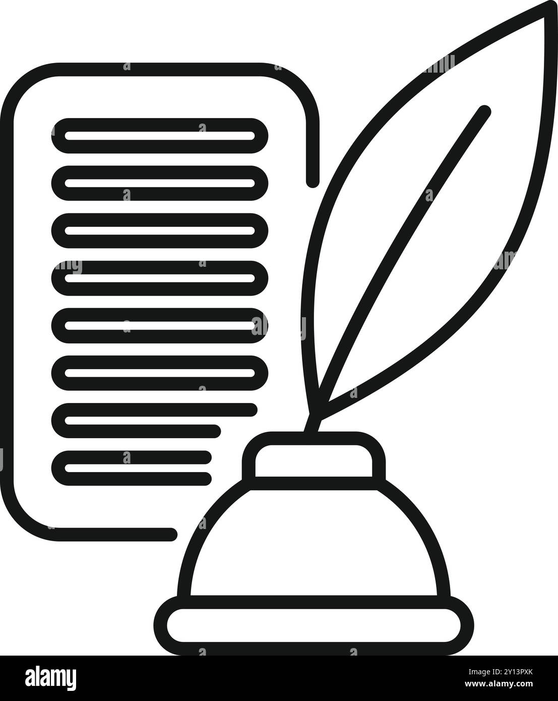 Simple line art icon of a feather pen standing in an inkwell next to a ...